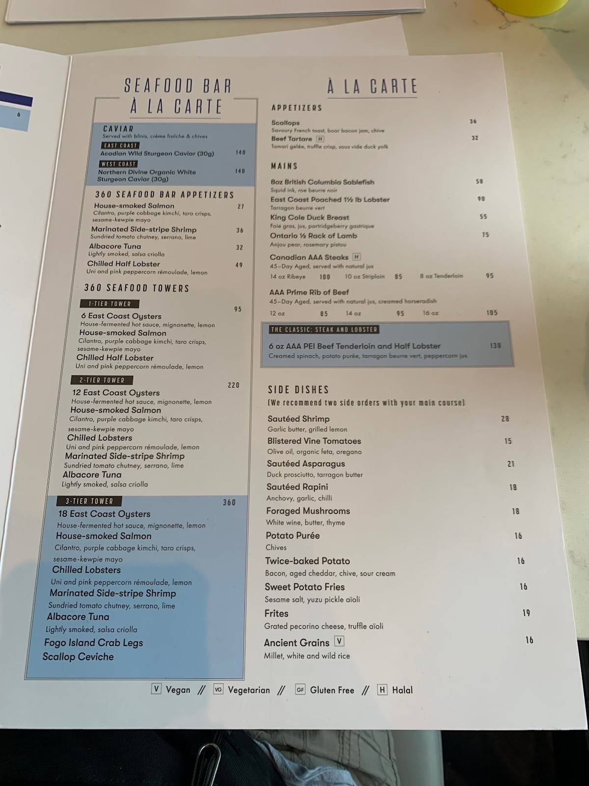 Menu at 360 The Restaurant at the CN Tower, Toronto