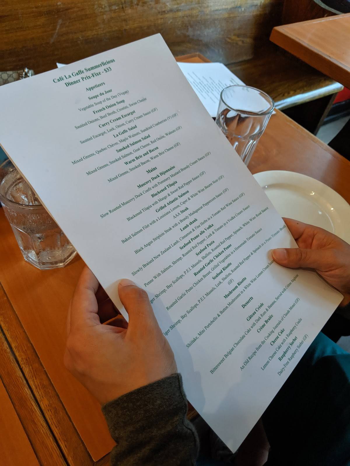 Menu at Cafe La Gaffe, Toronto