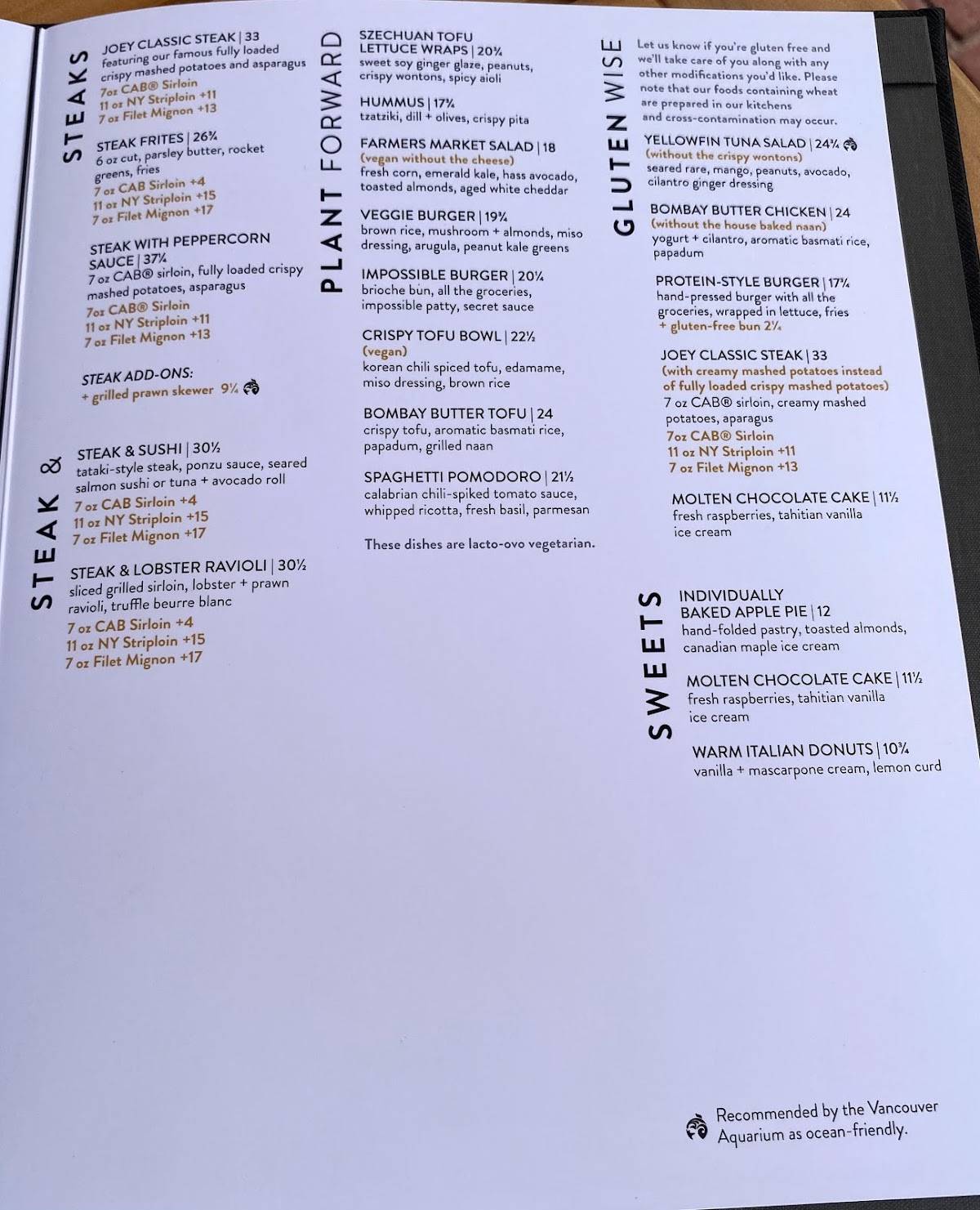 Menu at JOEY Don Mills steakhouse, Toronto, 75 O'Neill Rd
