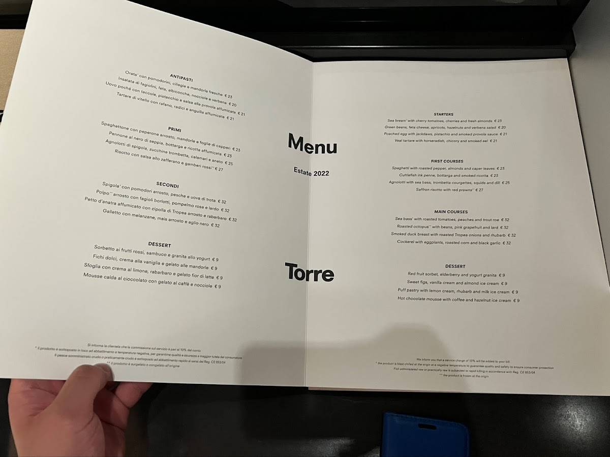 Menu at Torre restaurant, Milan