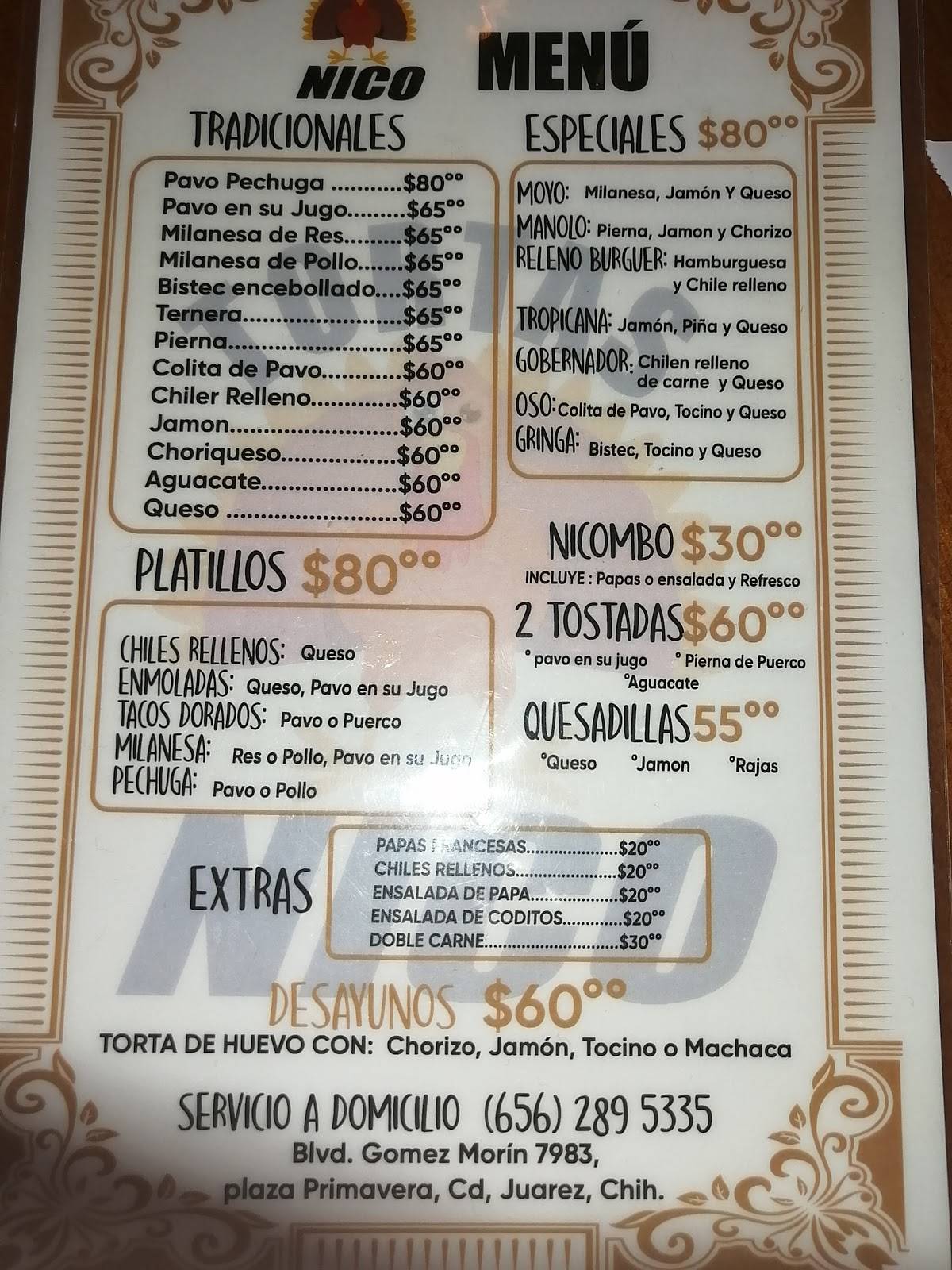 Menu at Tortas Nico restaurant, Ciudad Juarez, Blvd. Gomez Morín 7983