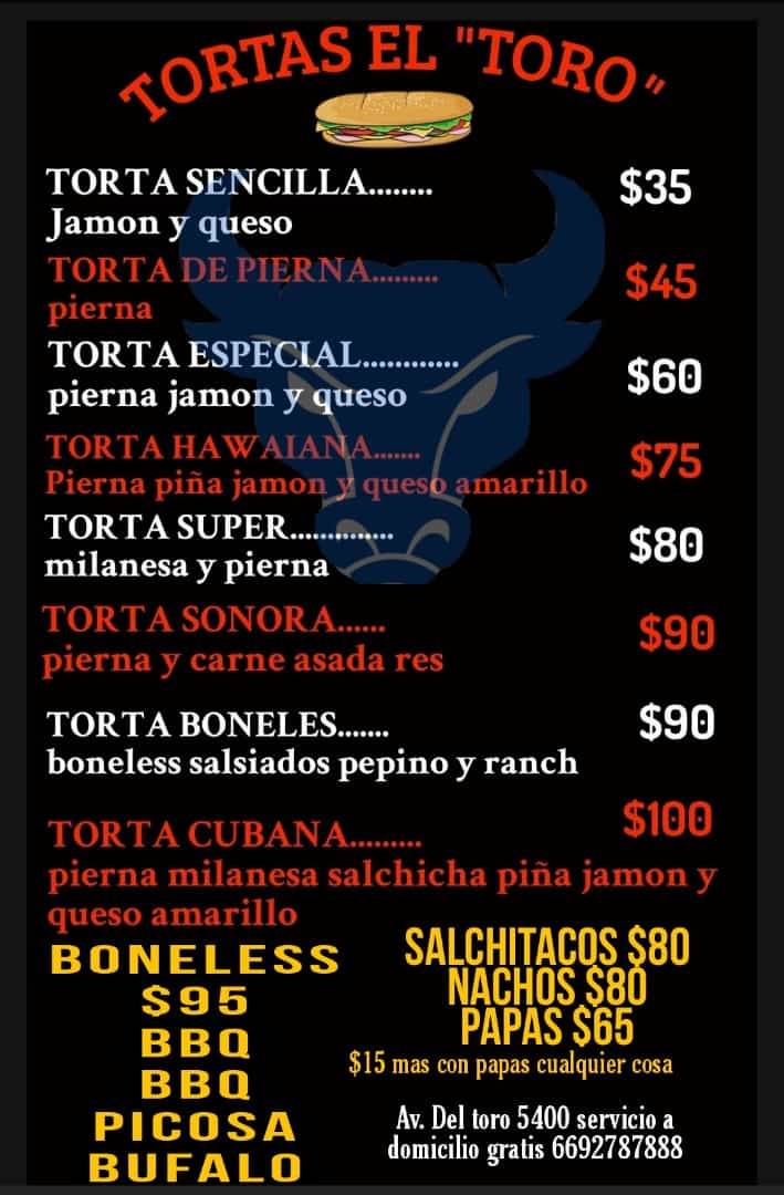 Menu at Tortas el toro restaurant, Mazatlán