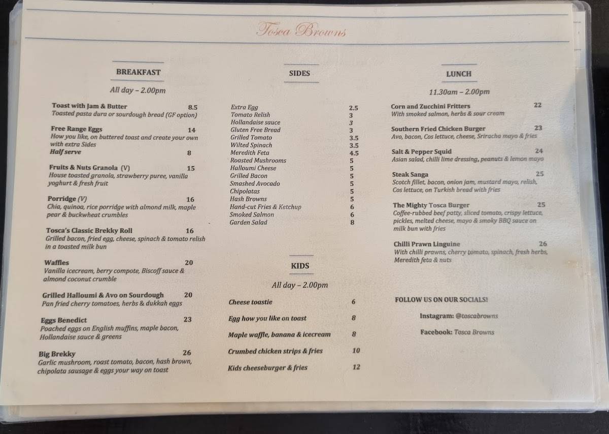 Menu at Tosca Browns restaurant, Hamilton