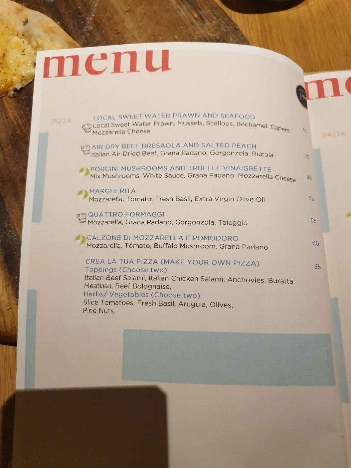 Menu at Tosca Italian Trattoria restaurant, Johor Bahru