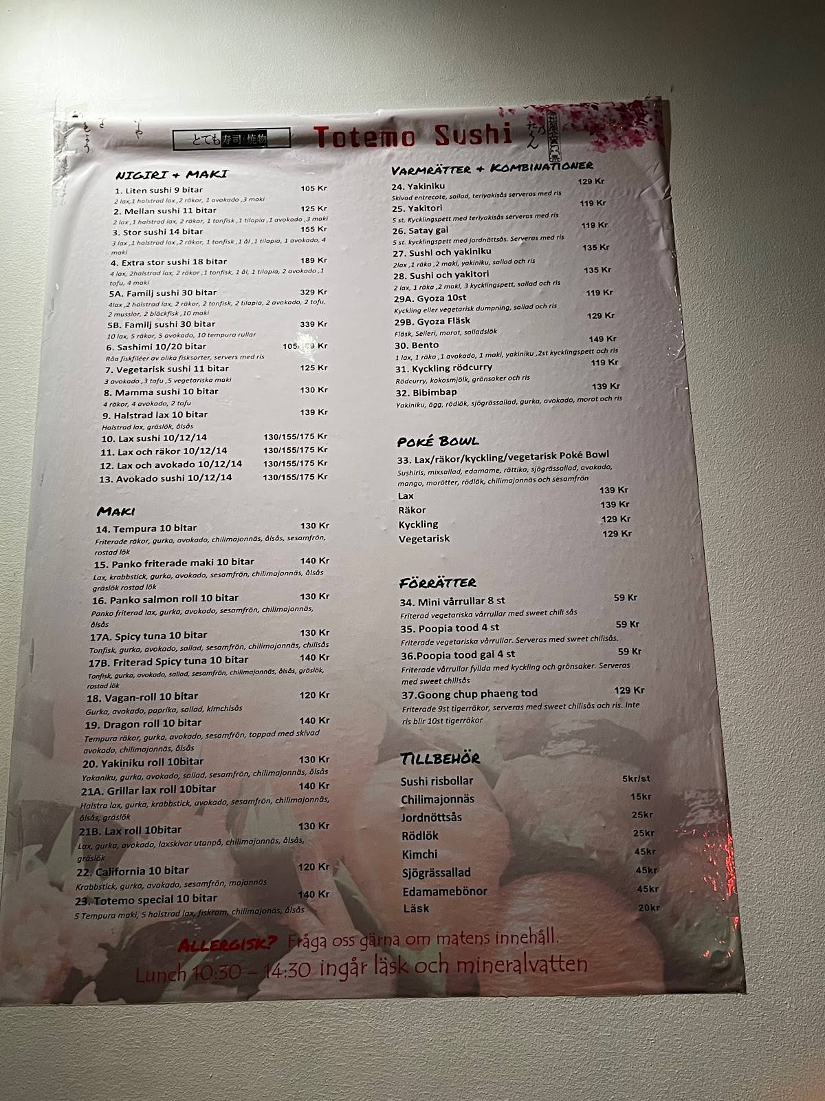 Menu at Totemo Sushi restaurant, Stockholm