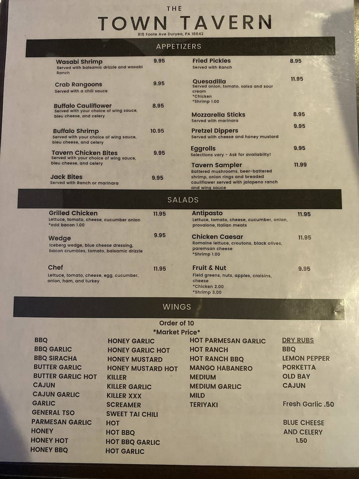 Menu at Town Tavern pub & bar, Duryea
