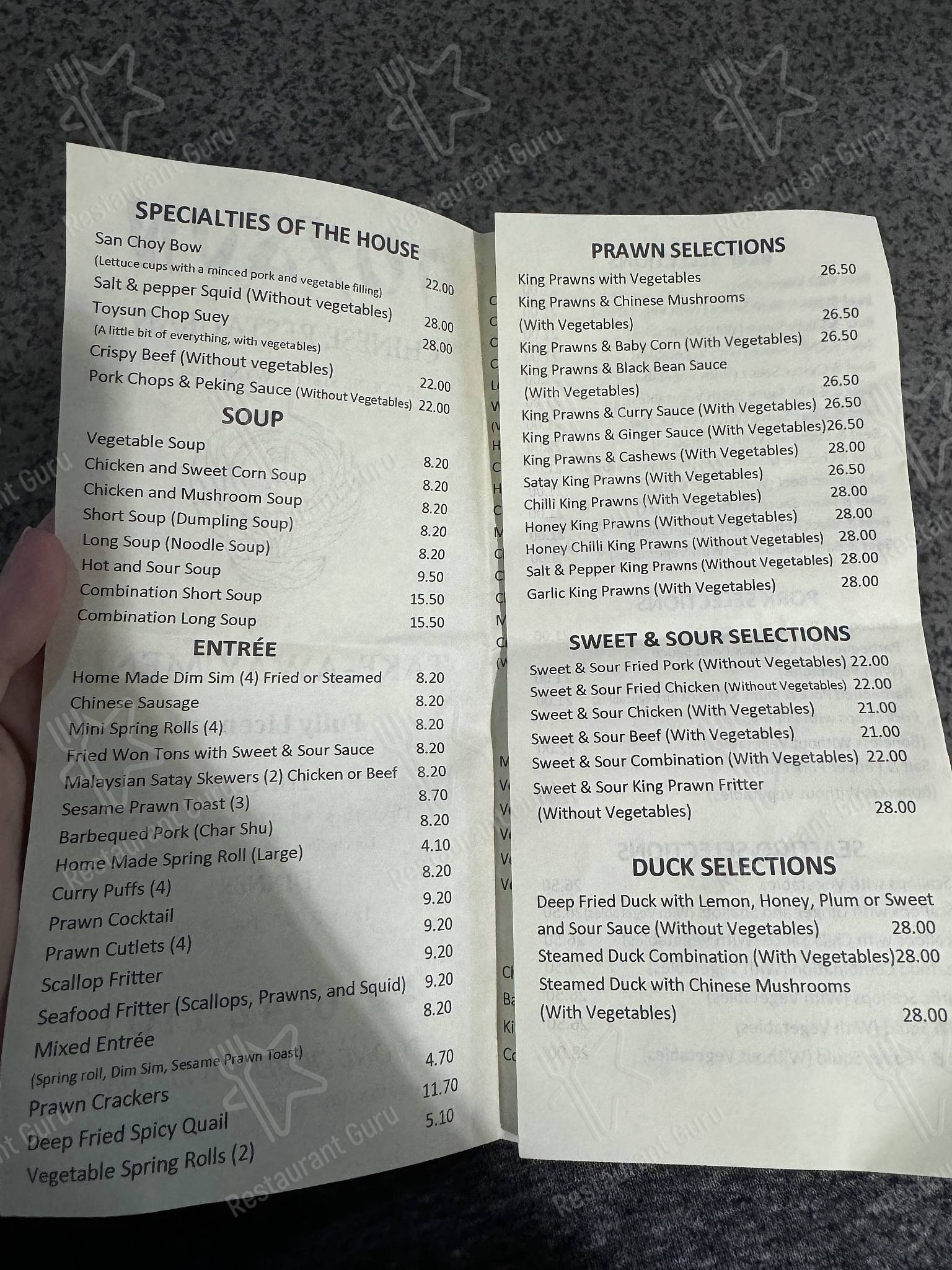 Menu at Toy sun Chinese Restaurant, Wynyard