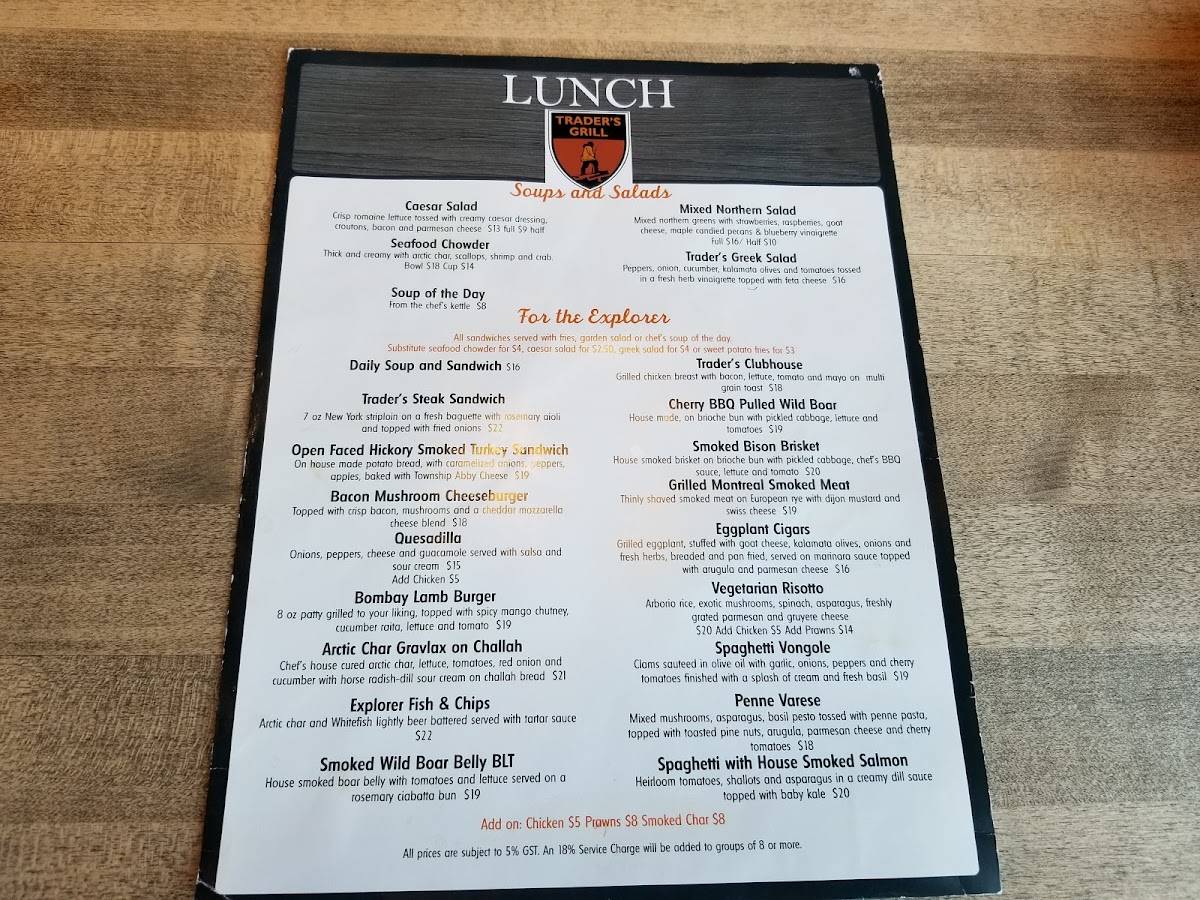 Menu at Trader’s Grill restaurant, Yellowknife