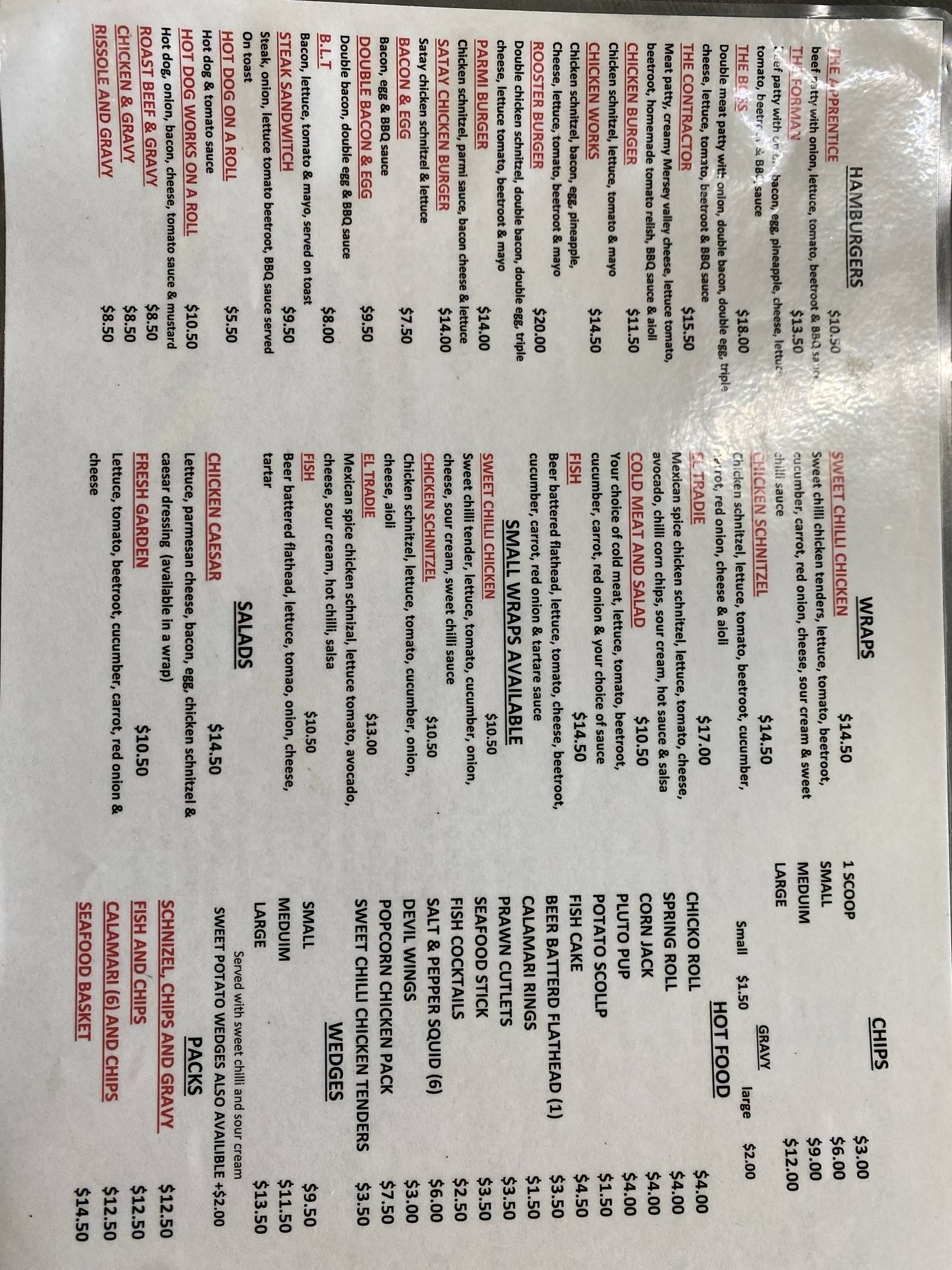 Menu at Tradies Takeaway on Kularoo fast food, Forster