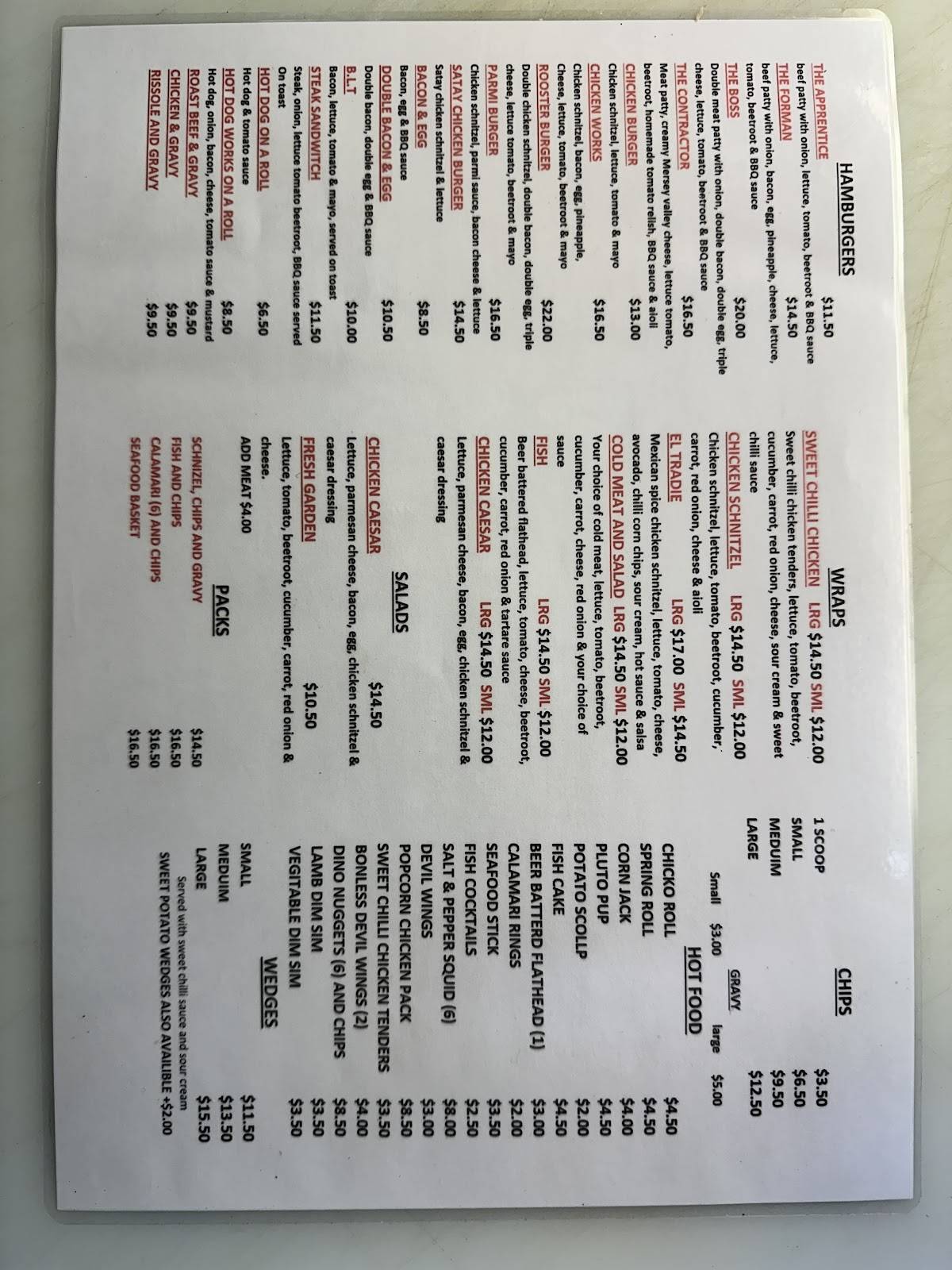 Menu at Tradies Takeaway on Kularoo fast food, Forster