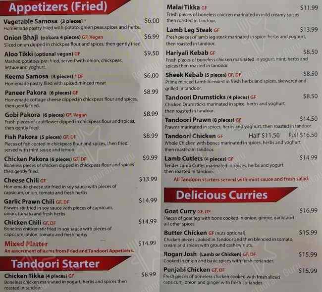 Menu at Traditional India restaurant, Sandgate