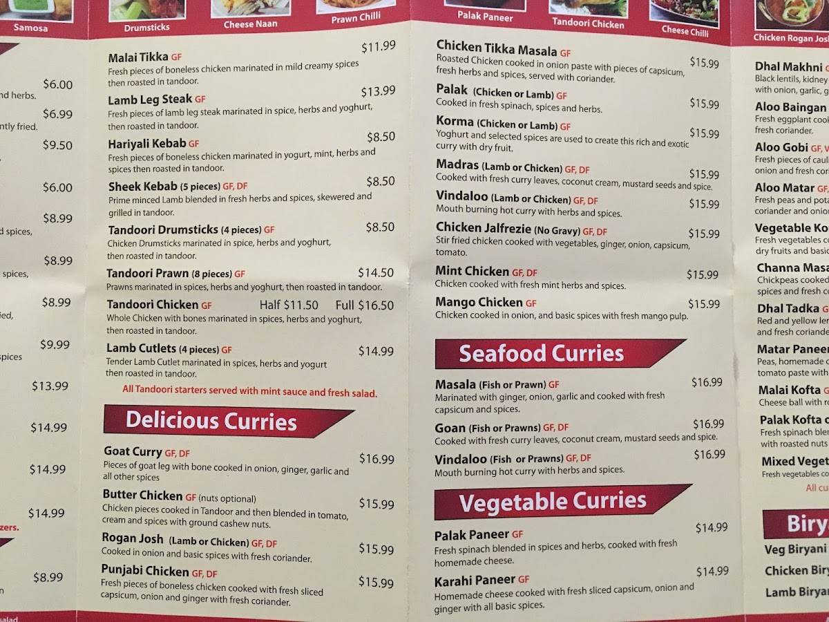 Menu at Traditional India restaurant, Sandgate