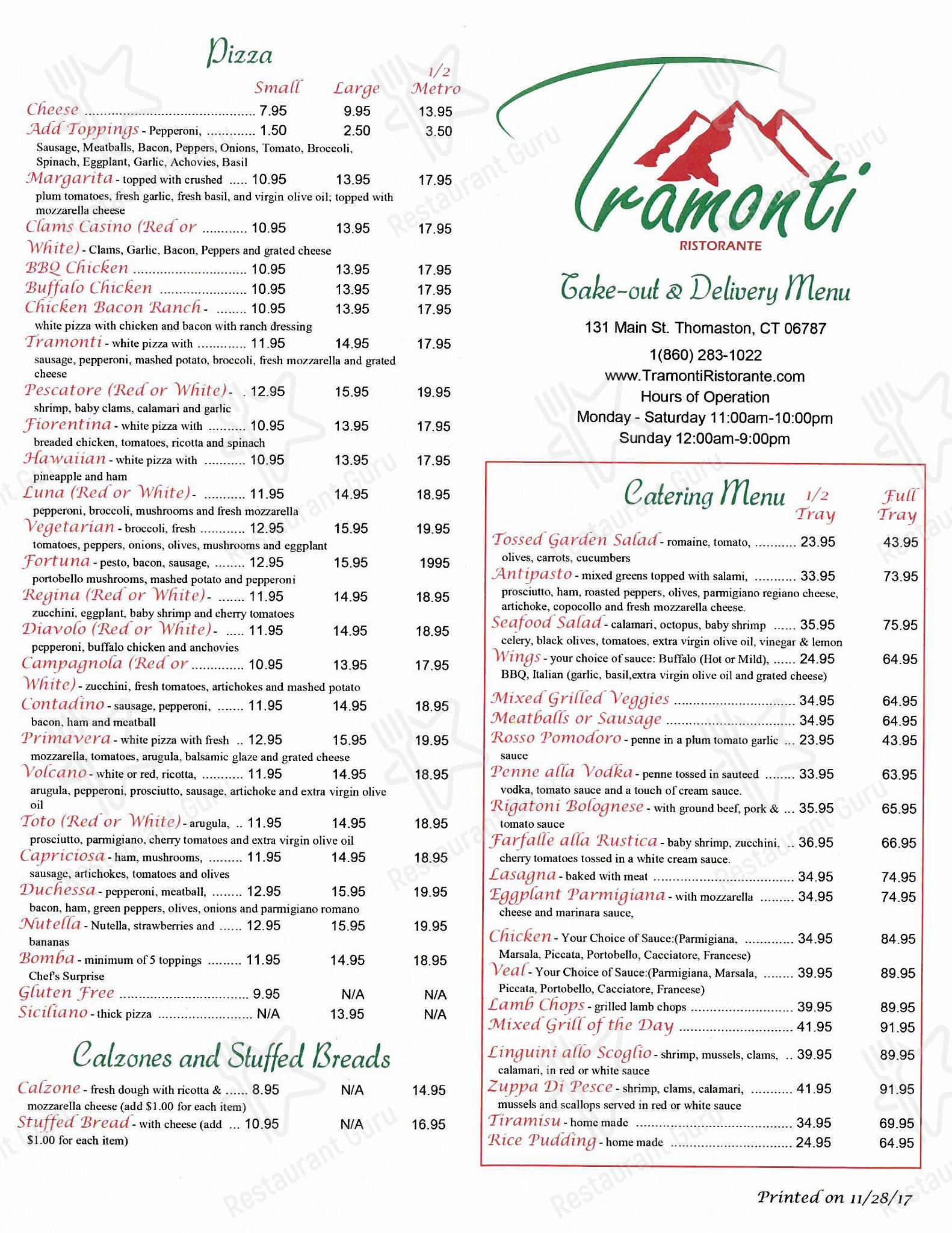 Menu at Tramonti pizzeria, Thomaston