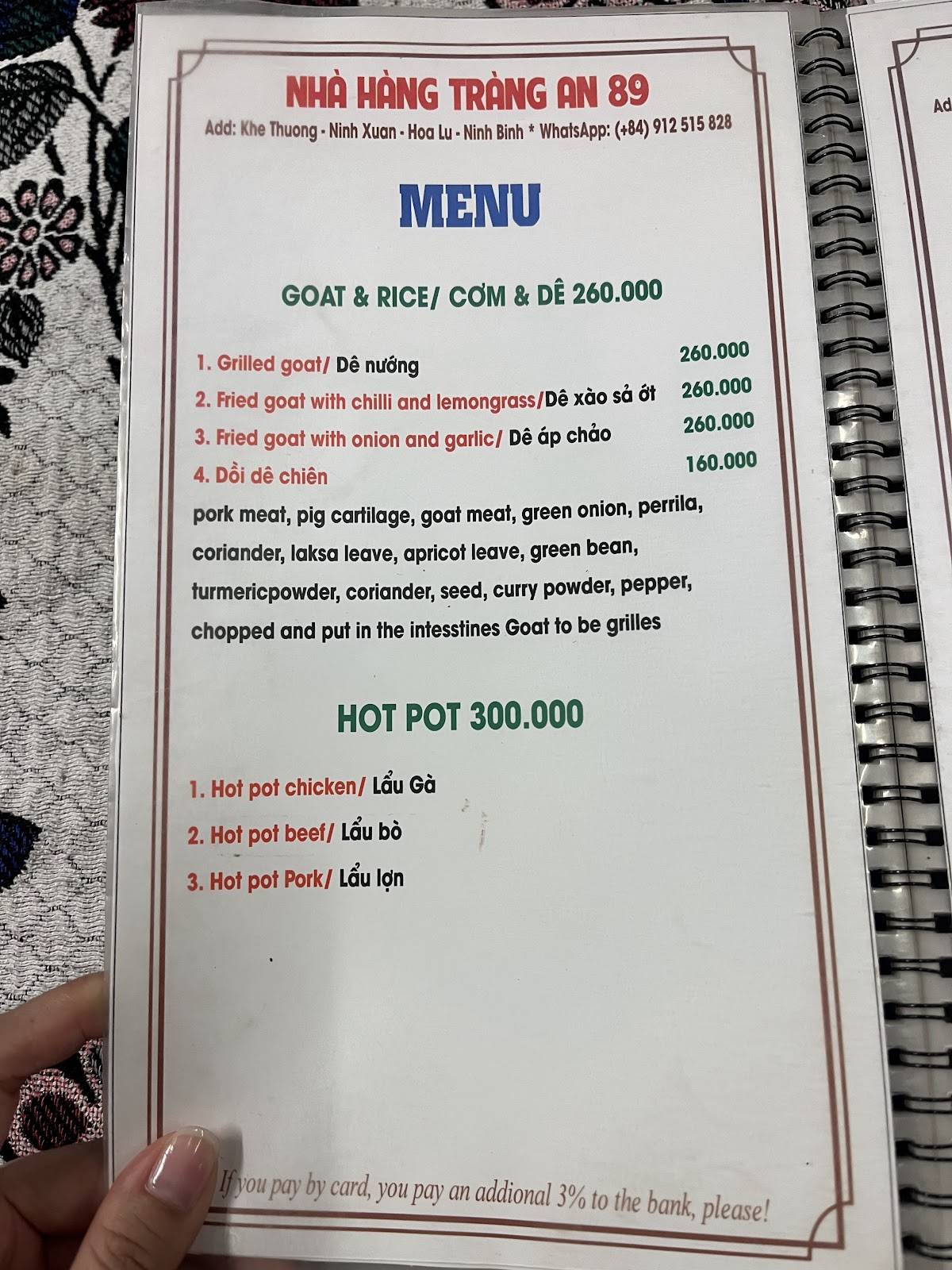 Menu at Trang An 89 Restaurant, Ninh Binh