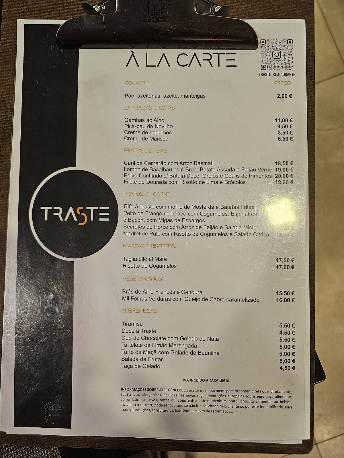 Menu em Traste Saldanha restaurante, Lisboa