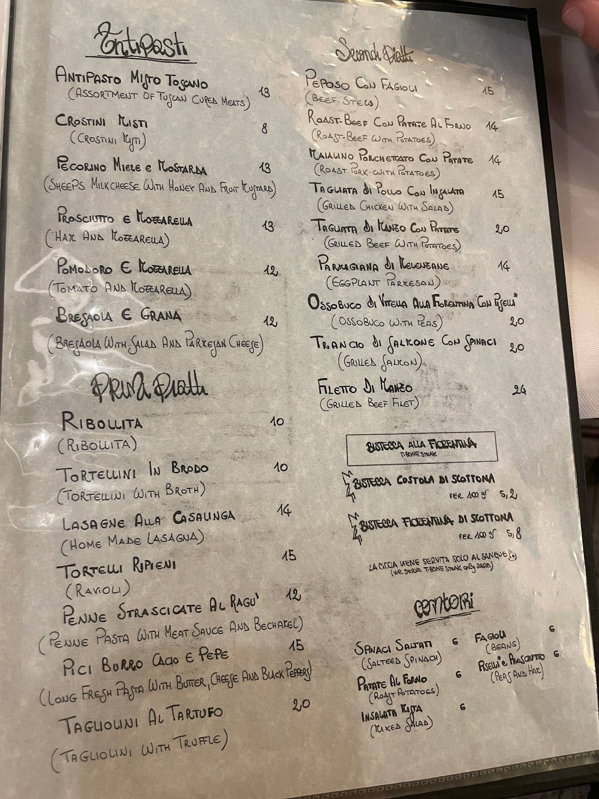 Menu da Trattoria Marione ristorante, Firenze