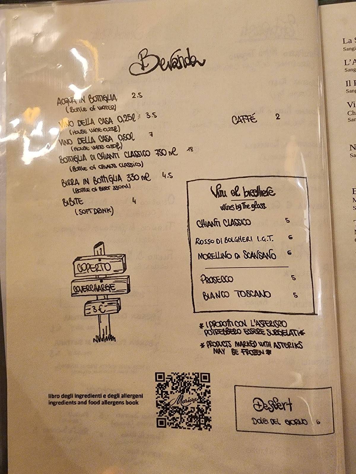Menu at Trattoria Marione restaurant, Florence