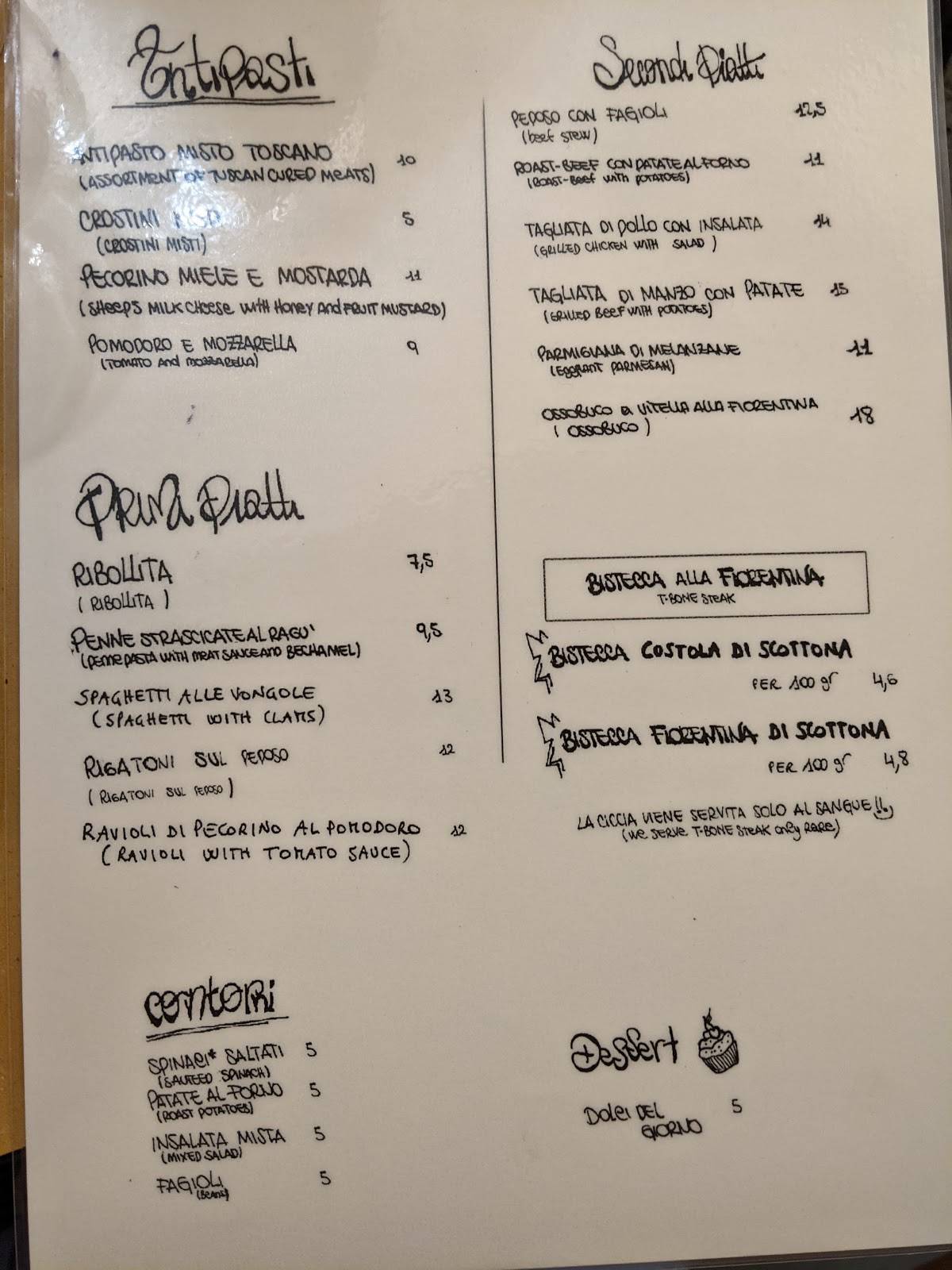 Menu at Trattoria Marione restaurant, Florence
