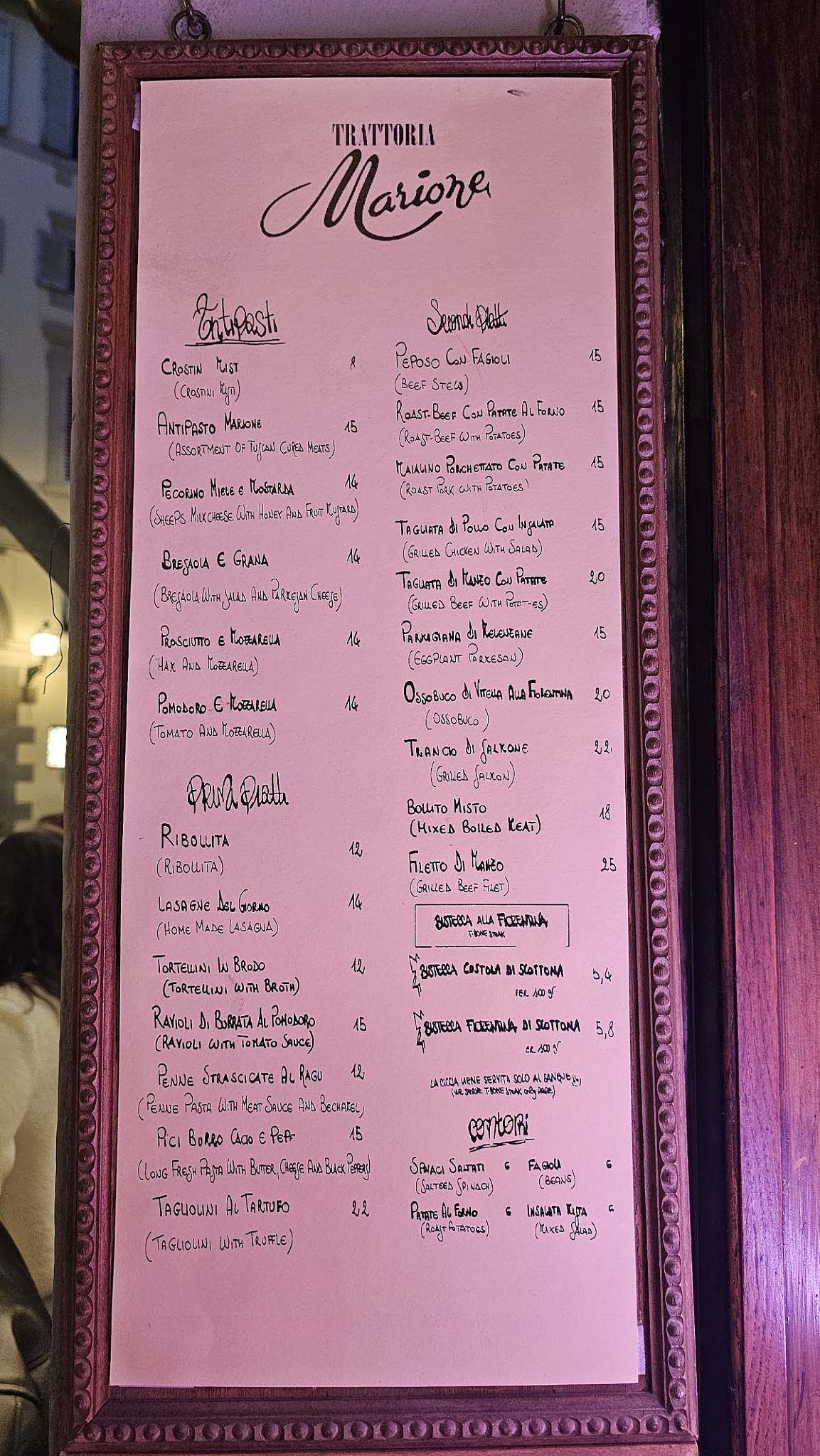 Menu at Trattoria Marione restaurant, Florence