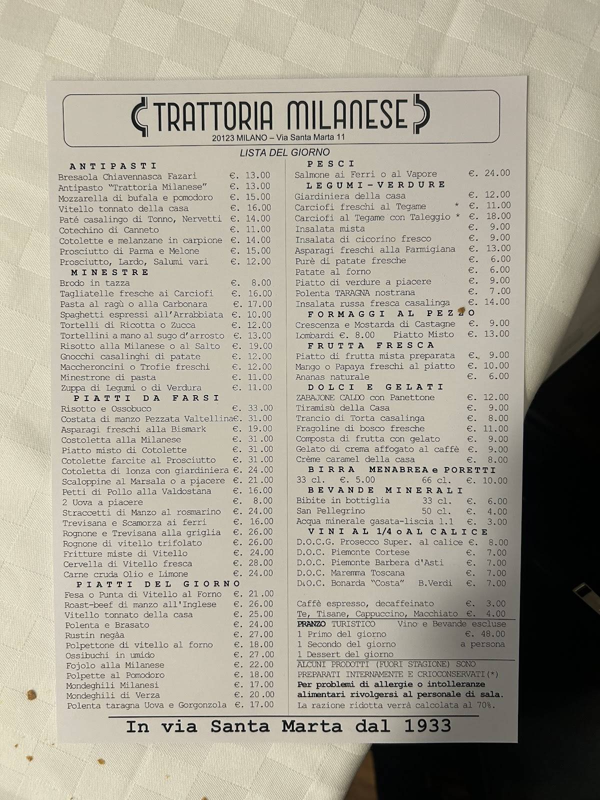 Menu at Trattoria Milanese cafe, Milan, Via Santa Marta