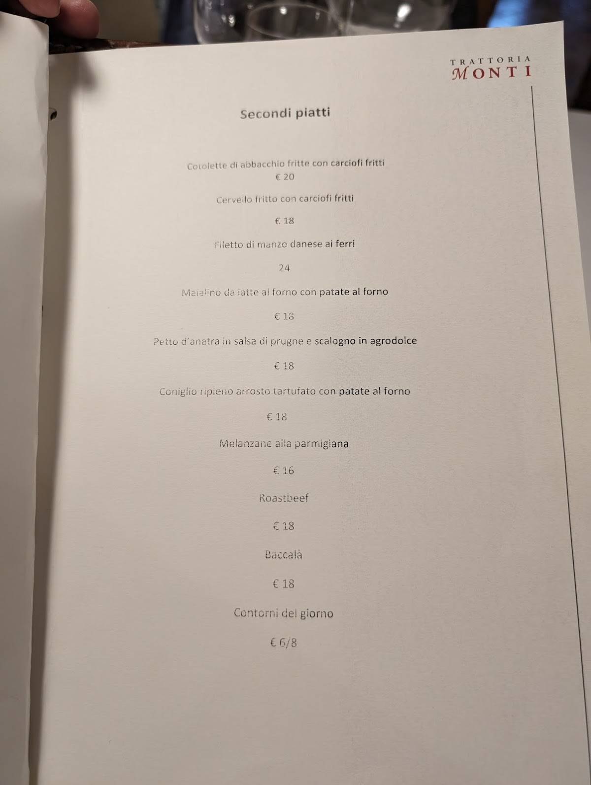 Menu at Trattoria Monti restaurant, Rome, Via di S. Vito