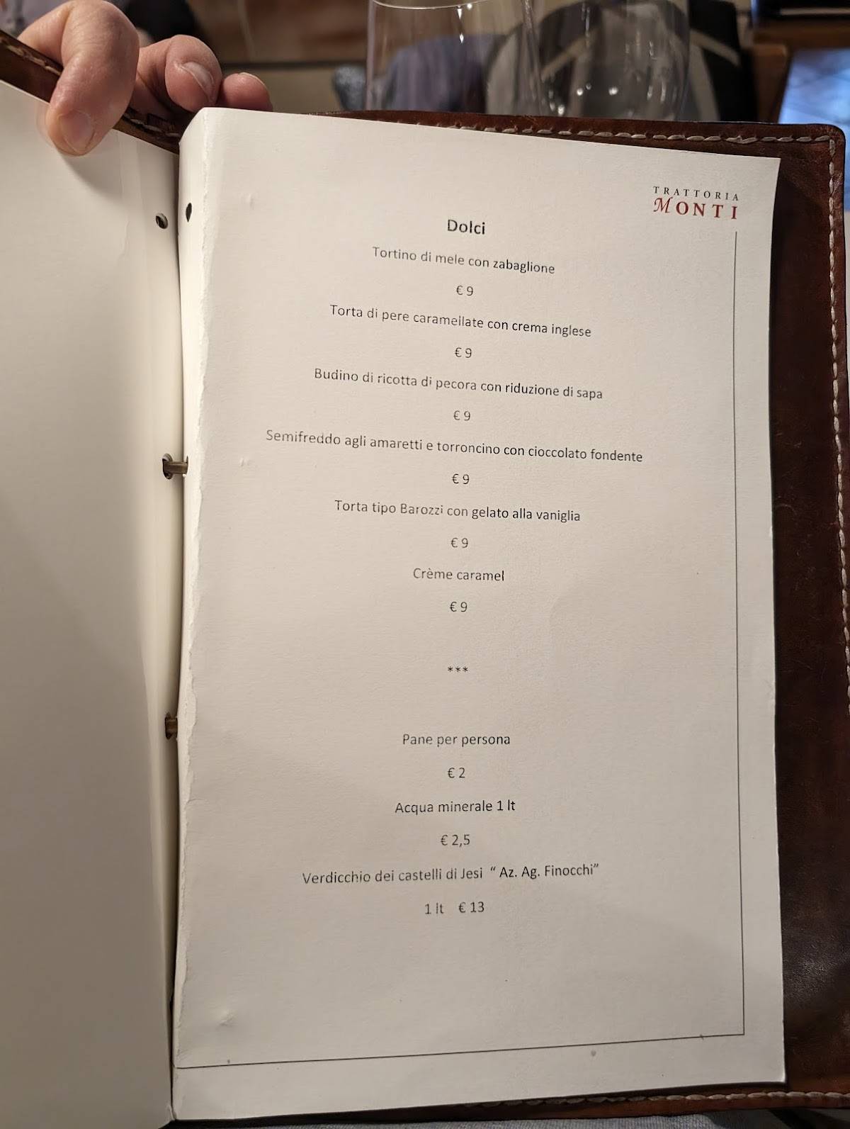 Menu at Trattoria Monti restaurant, Rome, Via di S. Vito