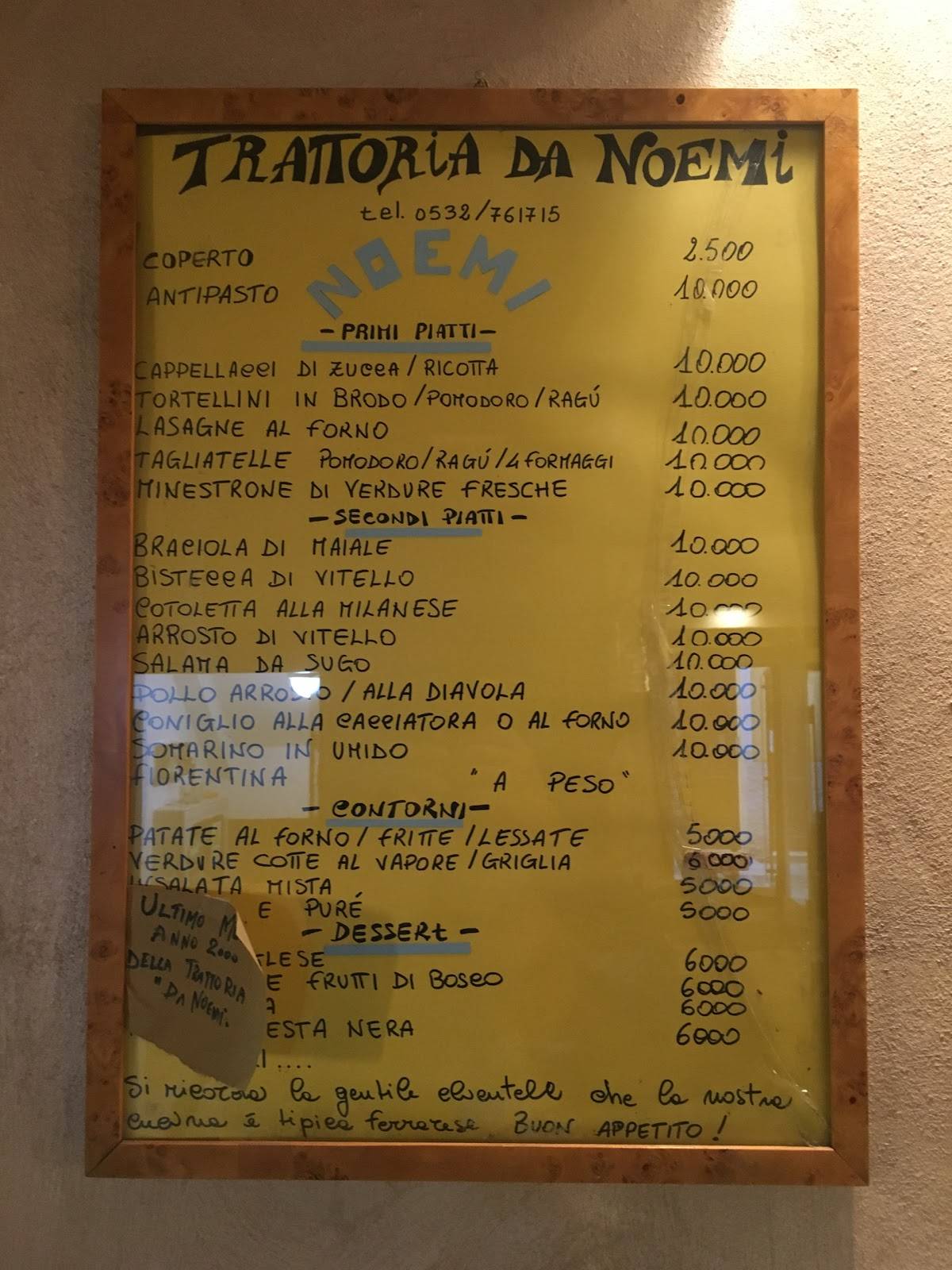 Menu da Trattoria da Noemi ristorante, Ferrara, Via Ragno