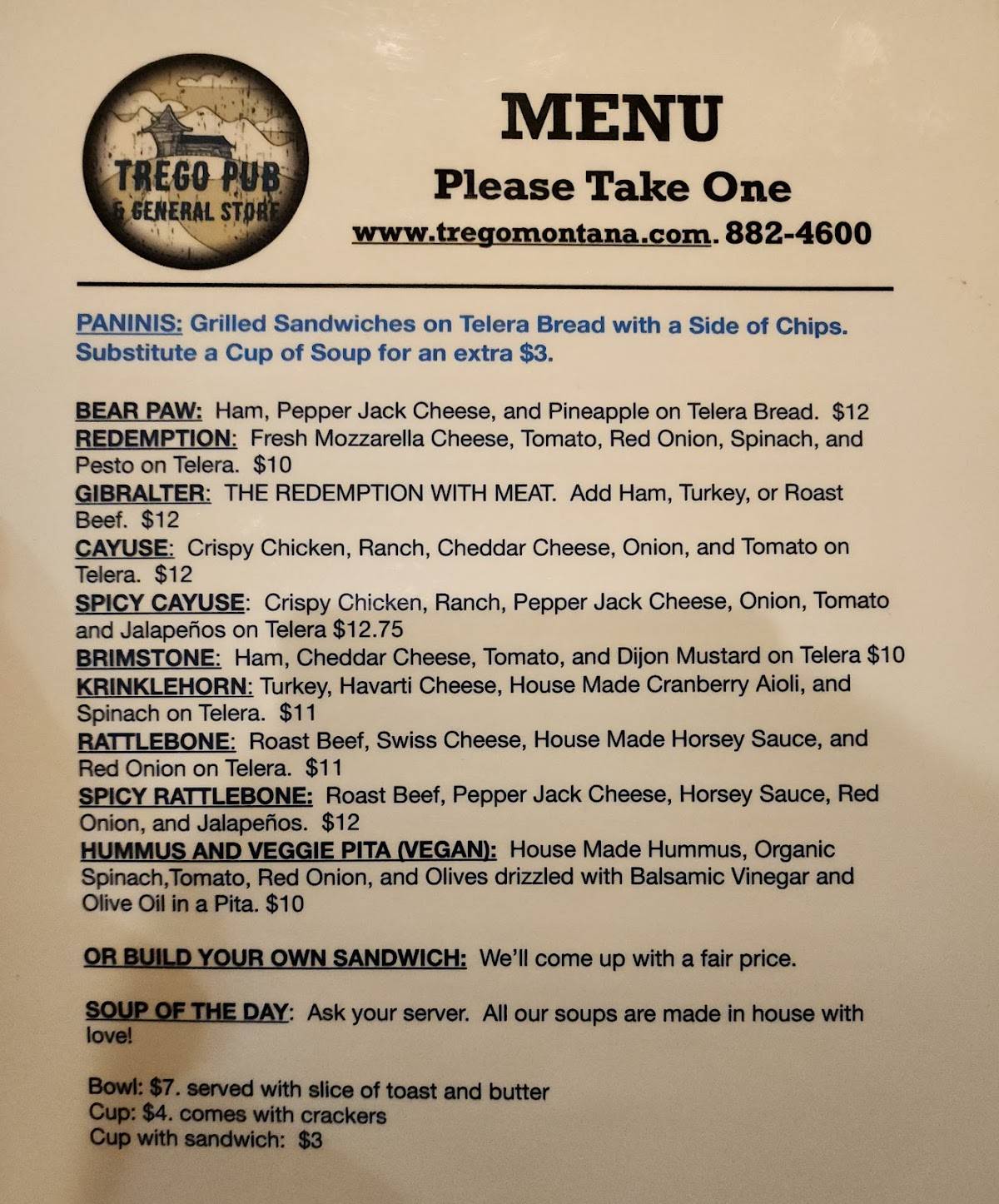 Menu at Trego Pub & General Store, Trego