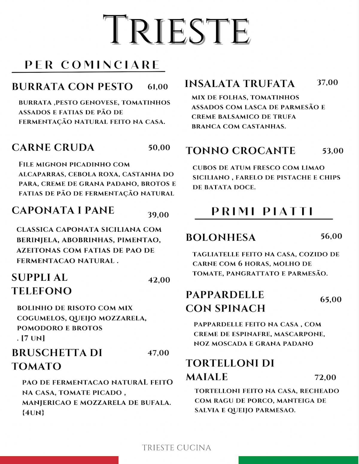 Menu em Trieste cucina restaurante, Campinas