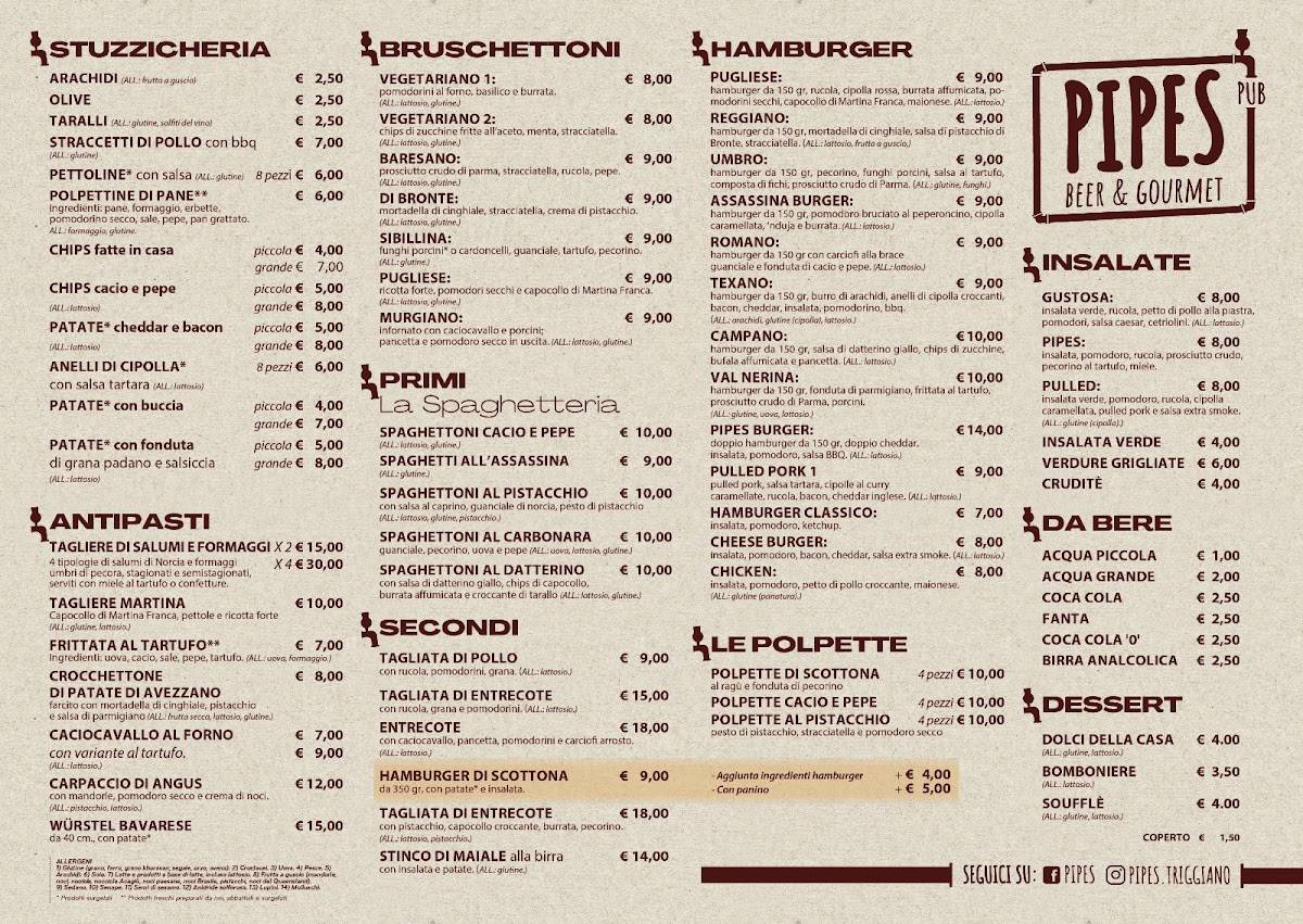 Menu at Pipes pub & bar, Triggiano