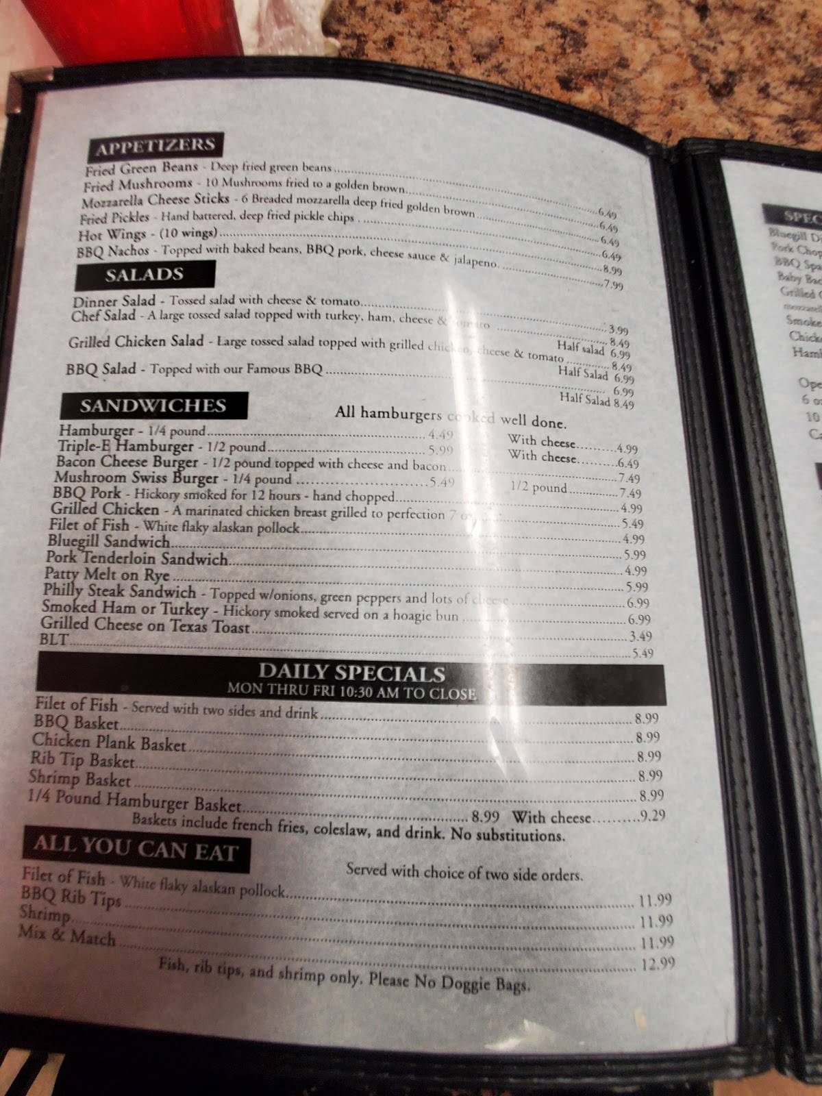 Menu at Triple E BBQ Lake of Egypt, Marion