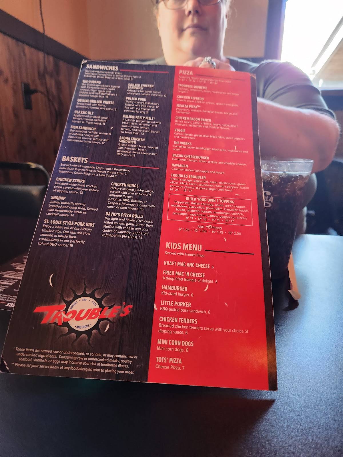Menu at Trouble's #2 Darwin pizzeria, Darwin