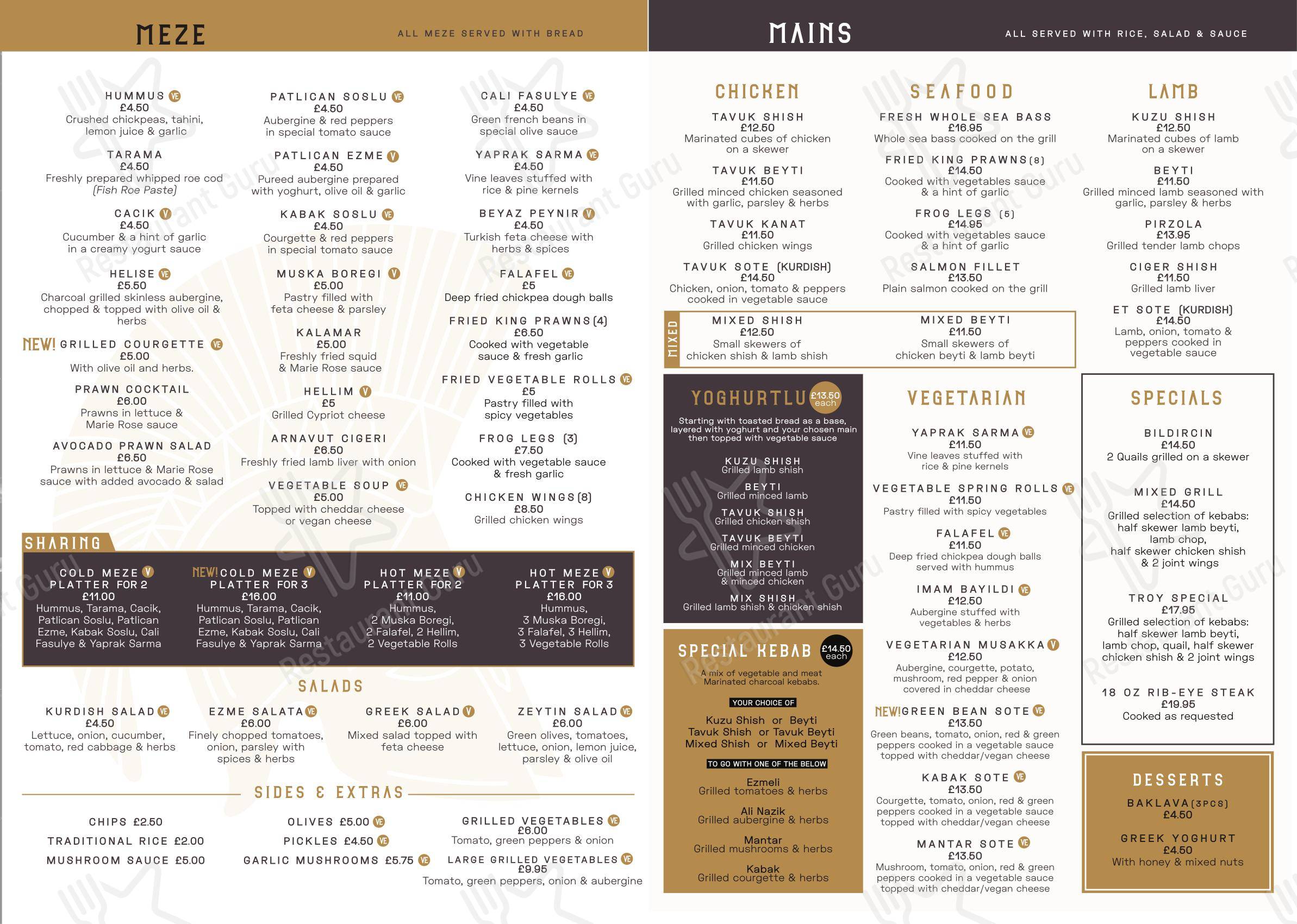 Menu at Troy Meze Bar, Cardiff