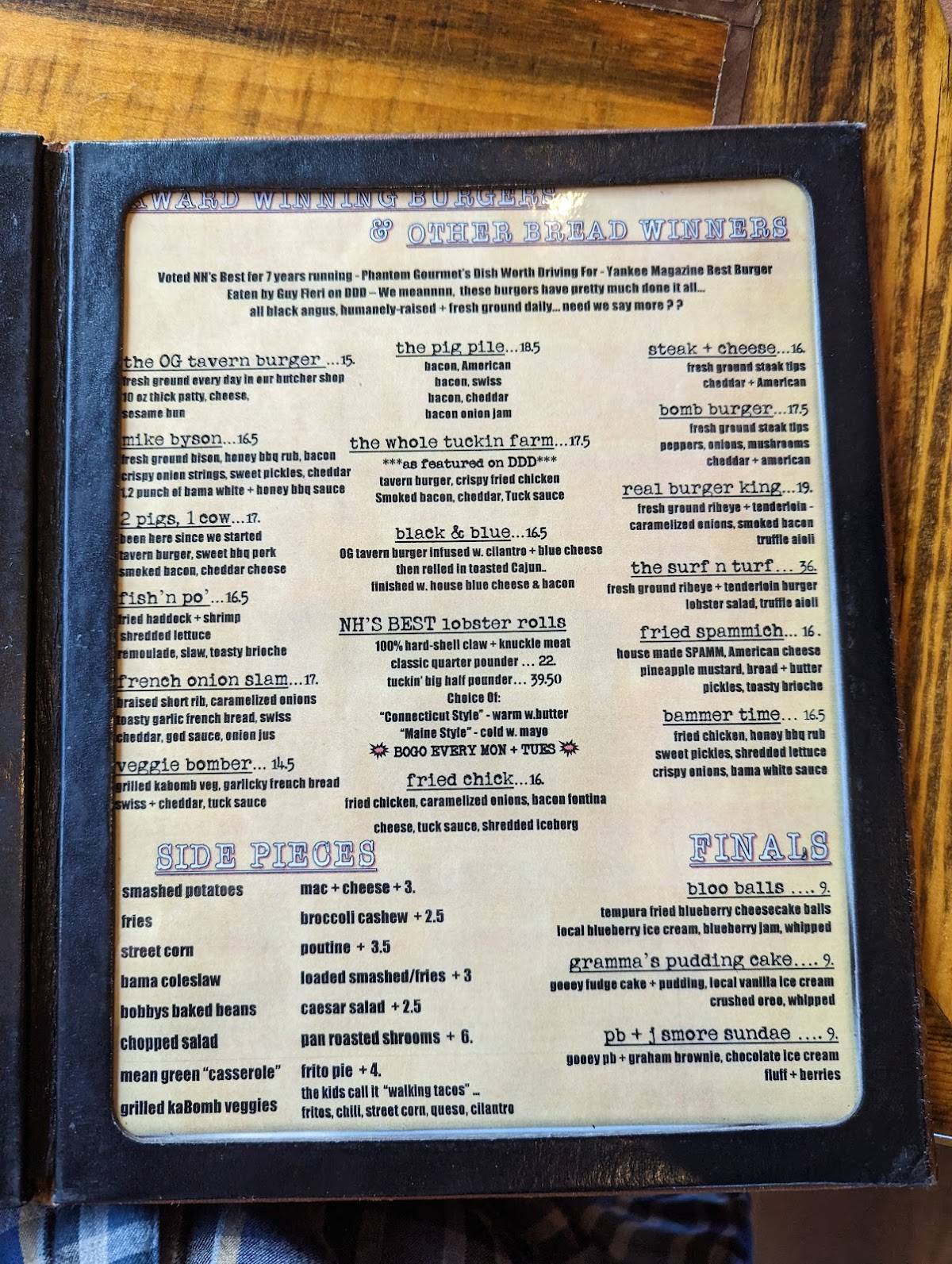 Menu at Tuckaway Tavern and Butchery steakhouse, Raymond