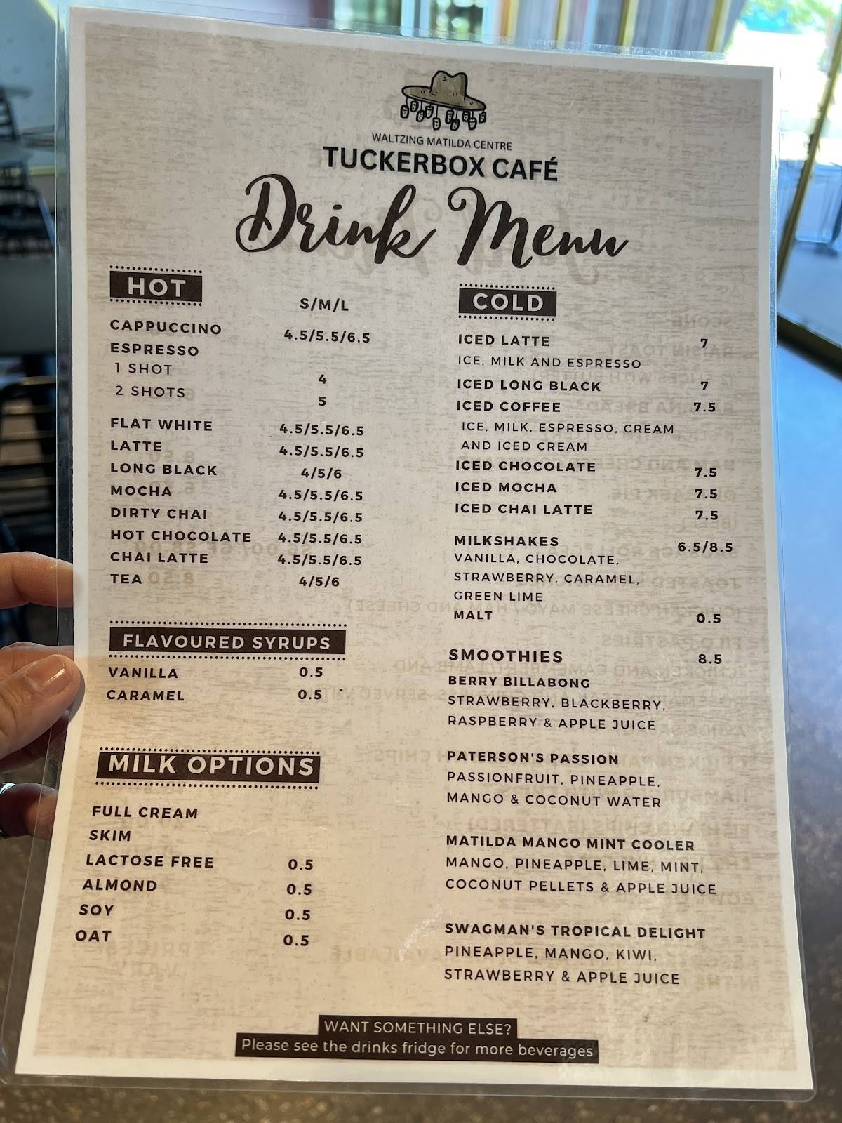 Menu at Tuckerbox Café restaurant, Winton
