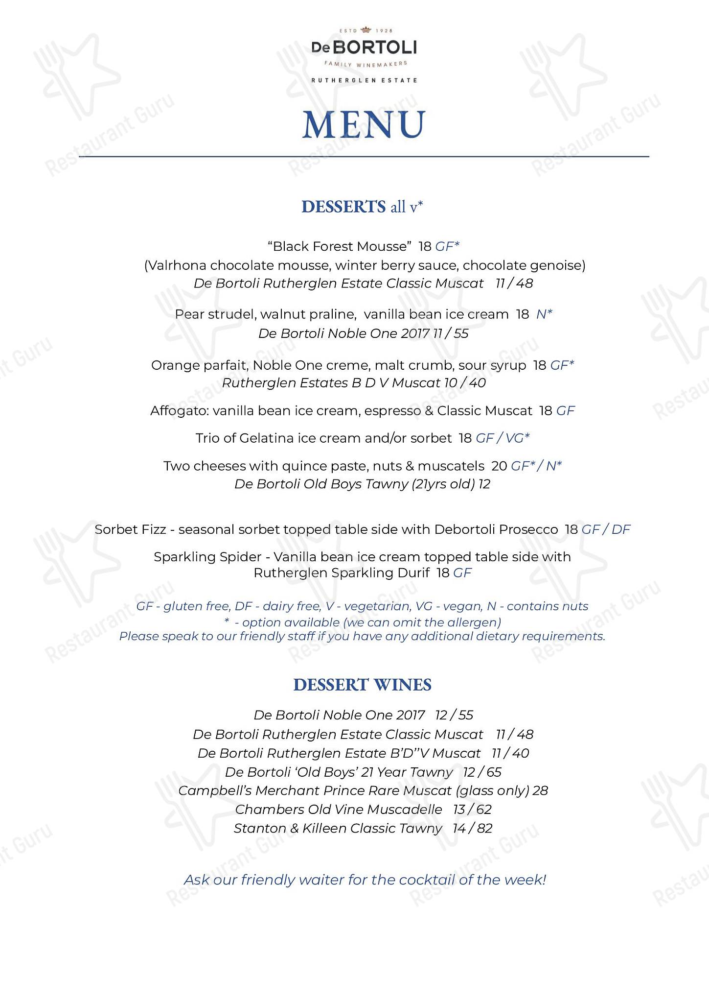 Menu at Tuileries at De Bortoli Rutherglen Estate restaurant, Rutherglen