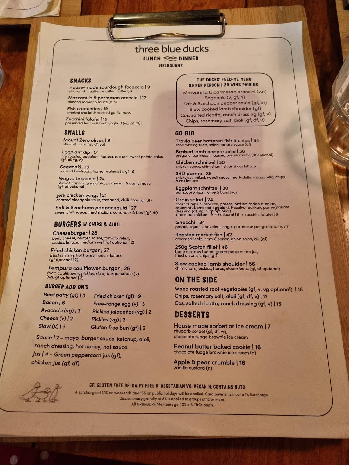 Menu at Three Blue Ducks, Melbourne restaurant, Tullamarine
