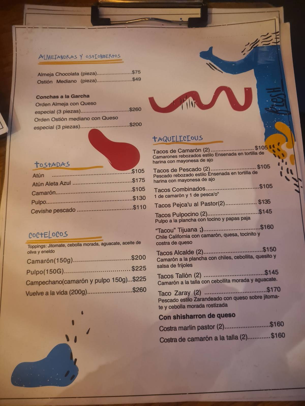 Carta de Tuna Bar, Ciudad de México