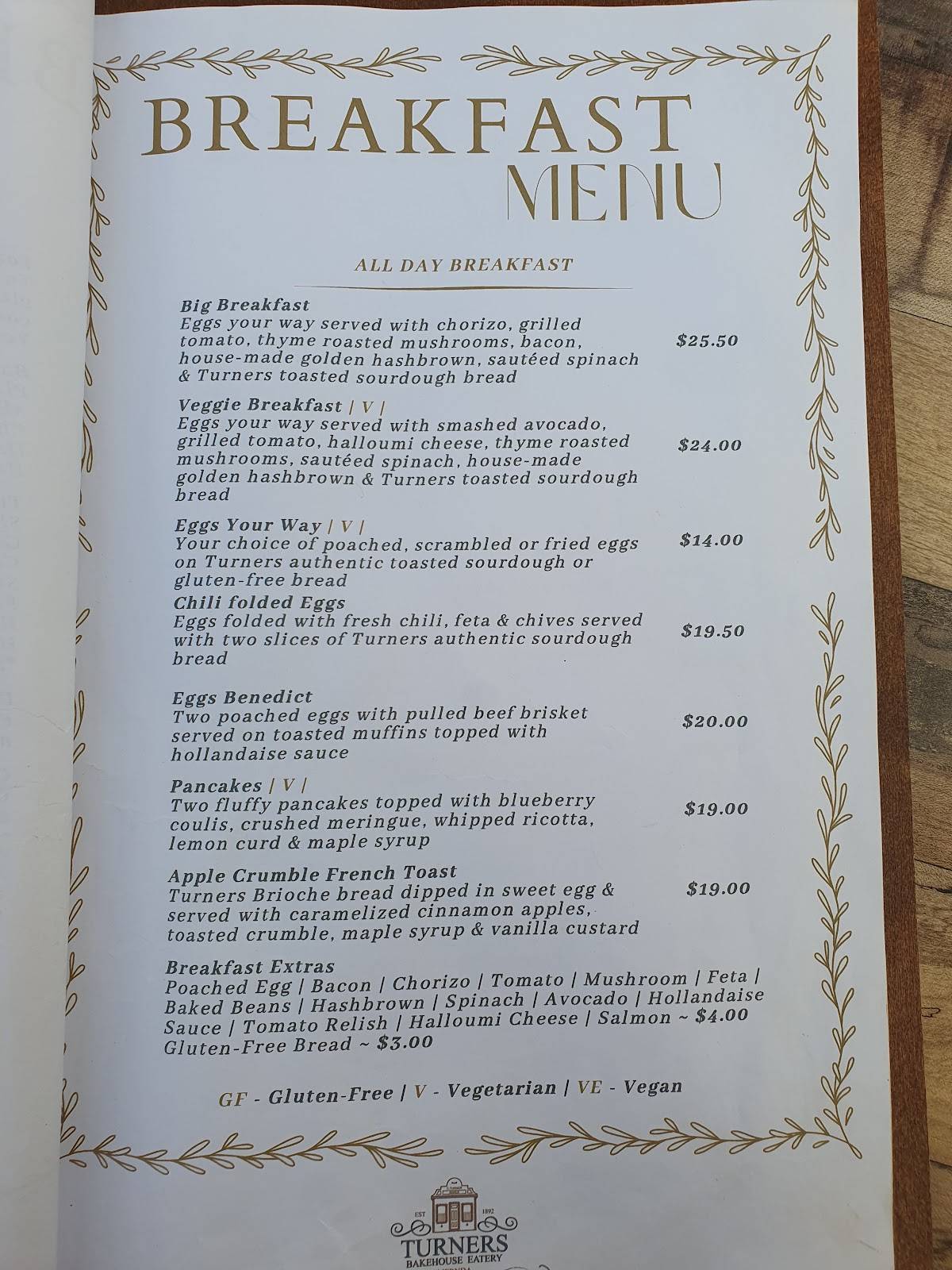 Menu at Turners Bakehouse Eatery cafe, Mernda