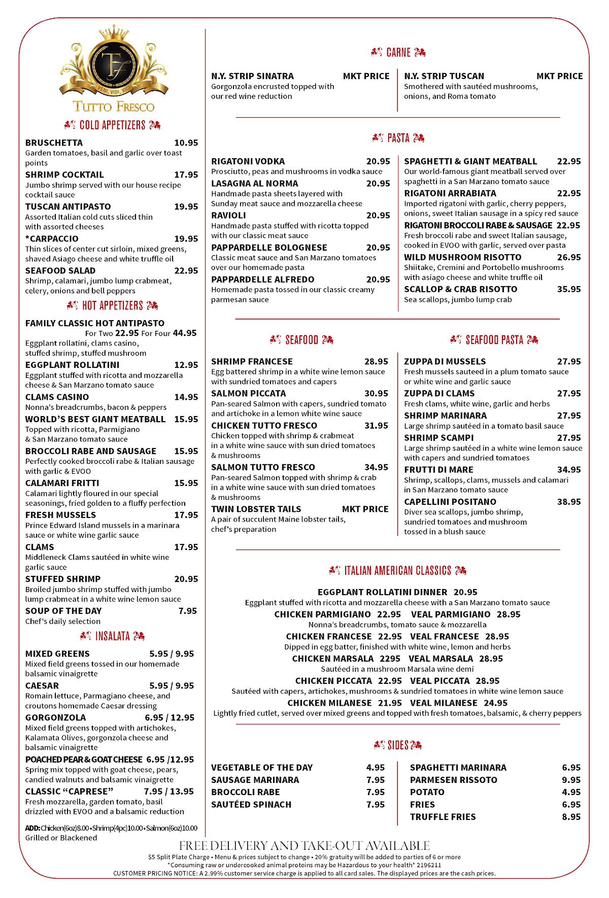 Menu at Tutto Fresco Restaurant, Port St. Lucie, Reserve Blvd