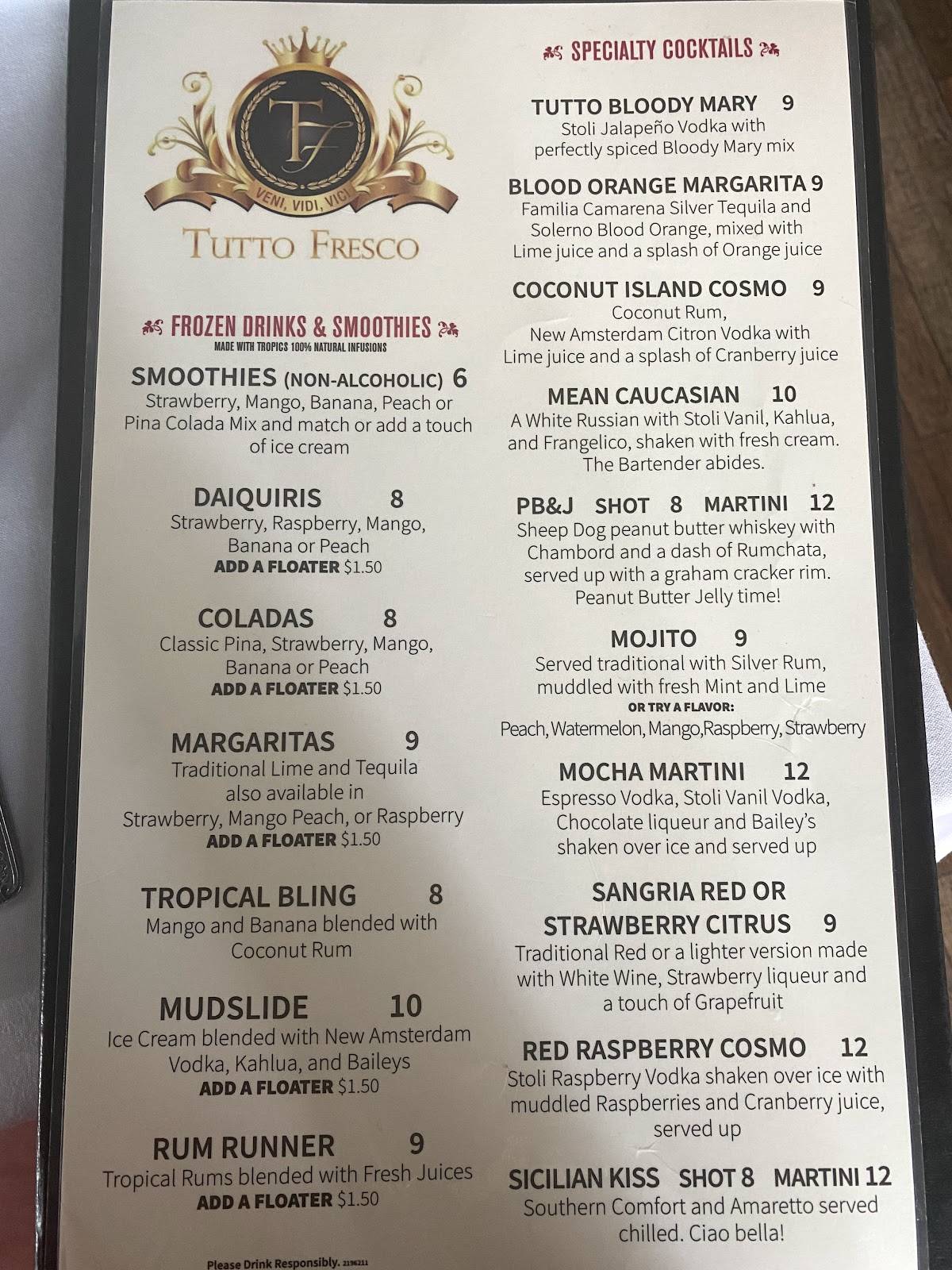 Menu at Tutto Fresco Restaurant, Port St. Lucie, Reserve Blvd