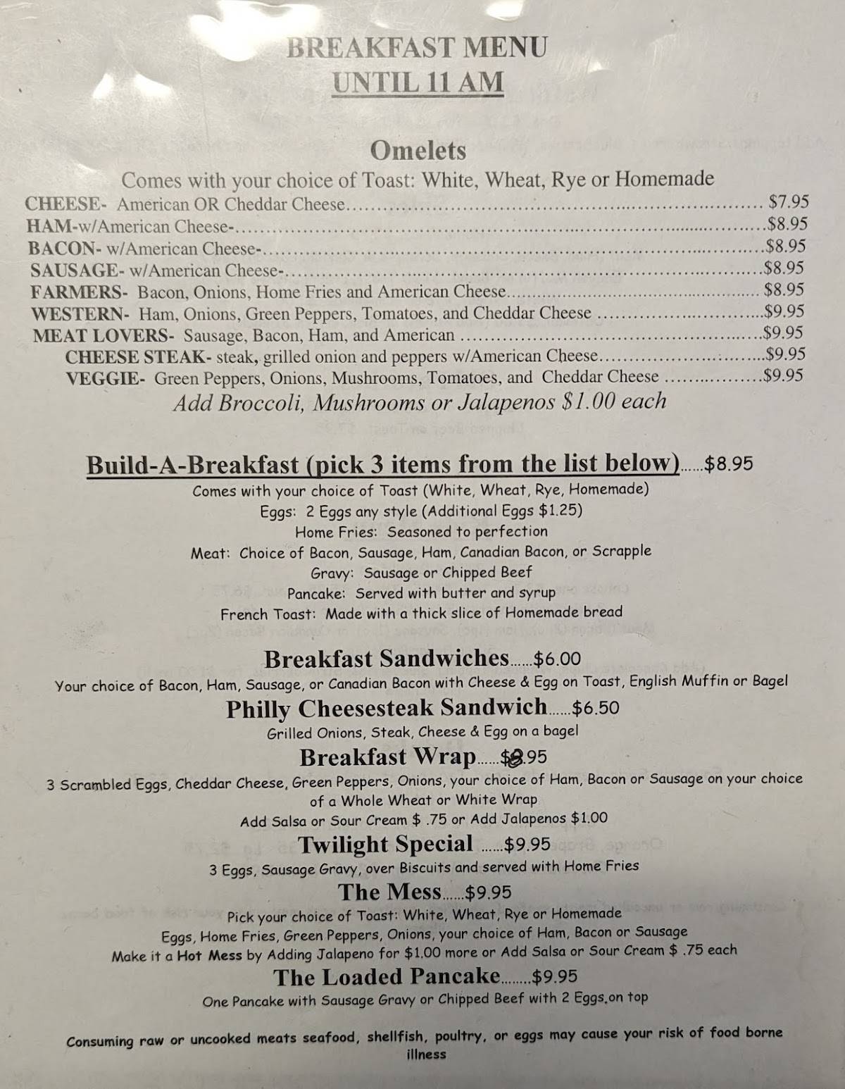 Menu at Twilight Diner restaurant, Loganton