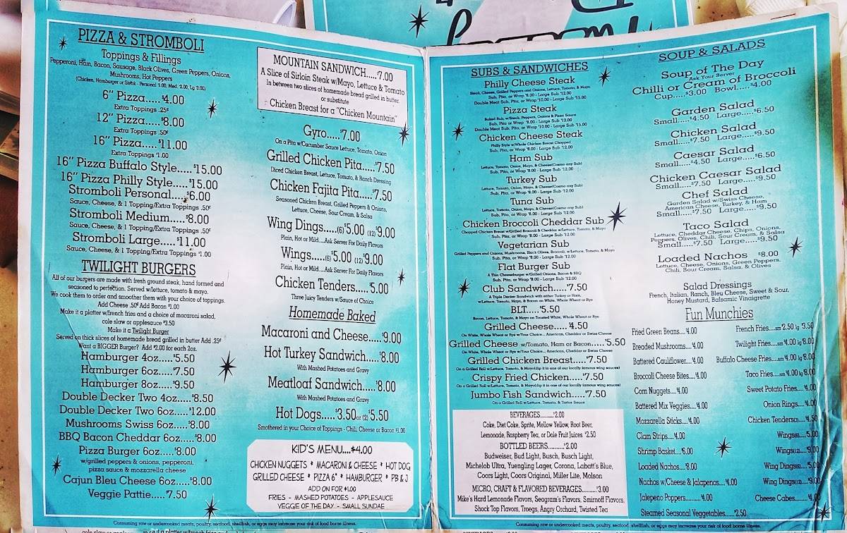 Menu at Twilight Diner restaurant, Loganton