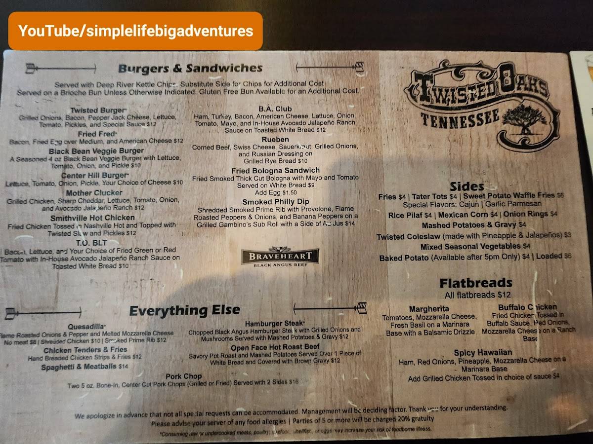 Menu at Twisted Oaks pub & bar, Smithville