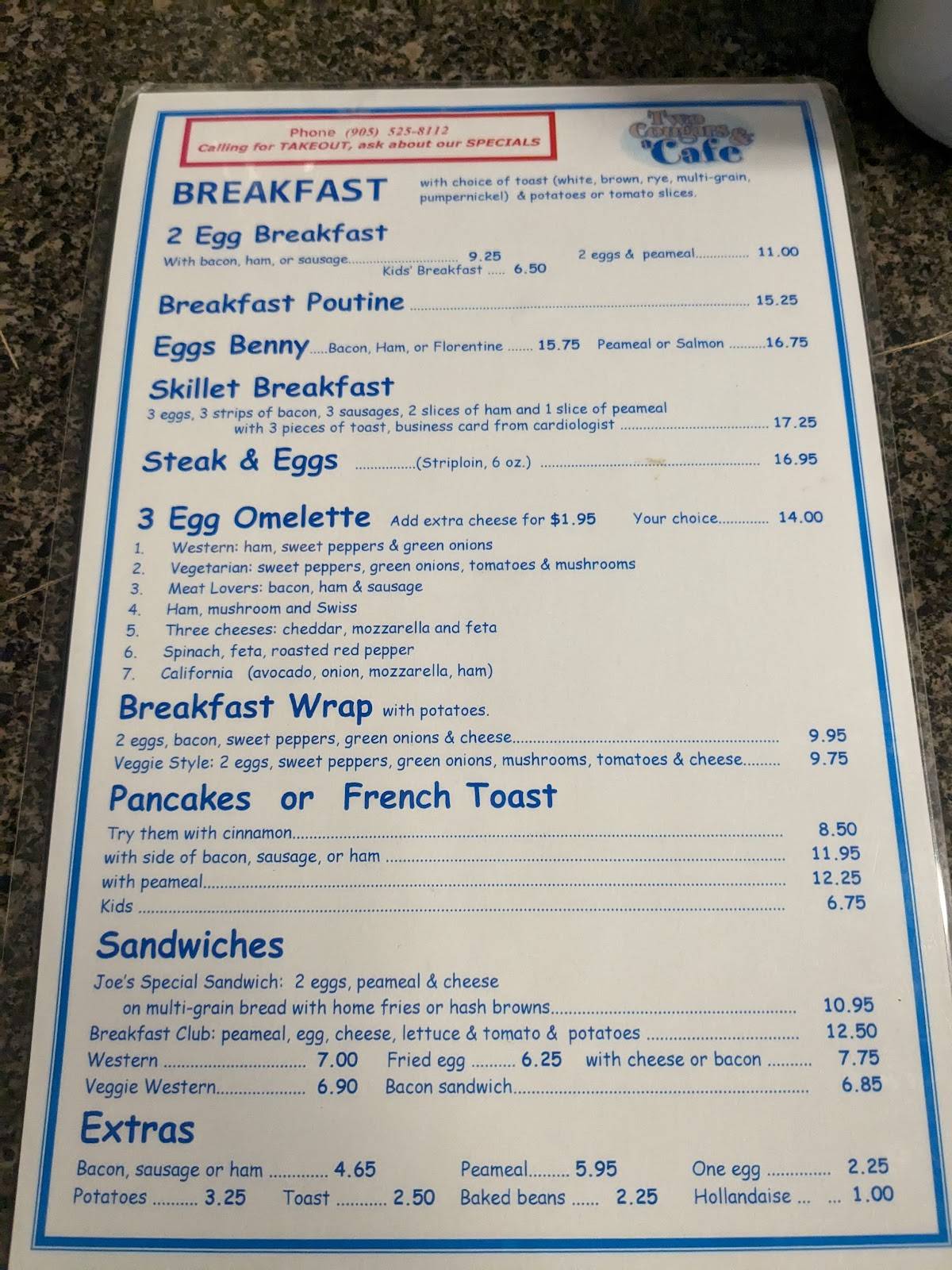 Menu at Two Cougars & A Cafe, Hamilton