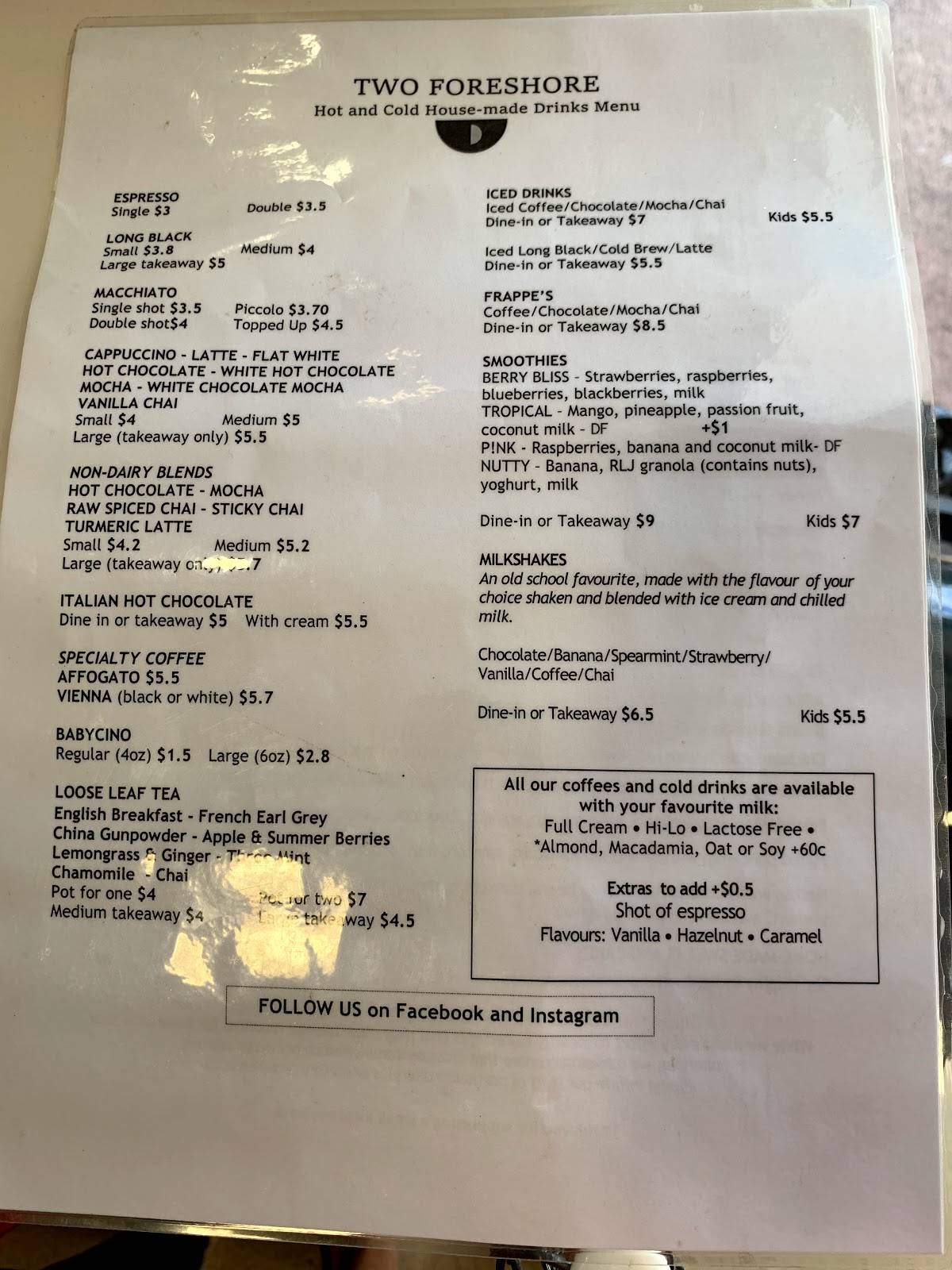Menu at Two Foreshore cafe, Geraldton