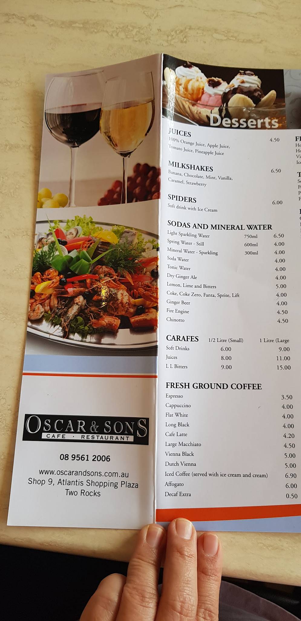 Menu at Oscar & Sons restaurant, Two Rocks