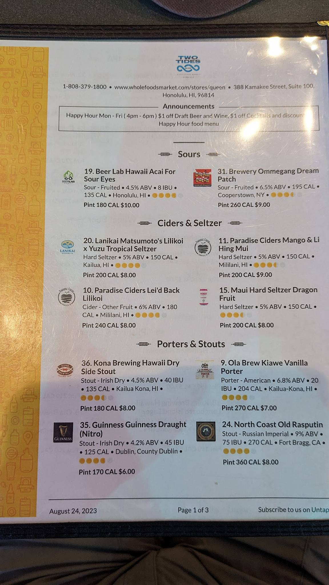 Menu at Two Tides Bar, Honolulu