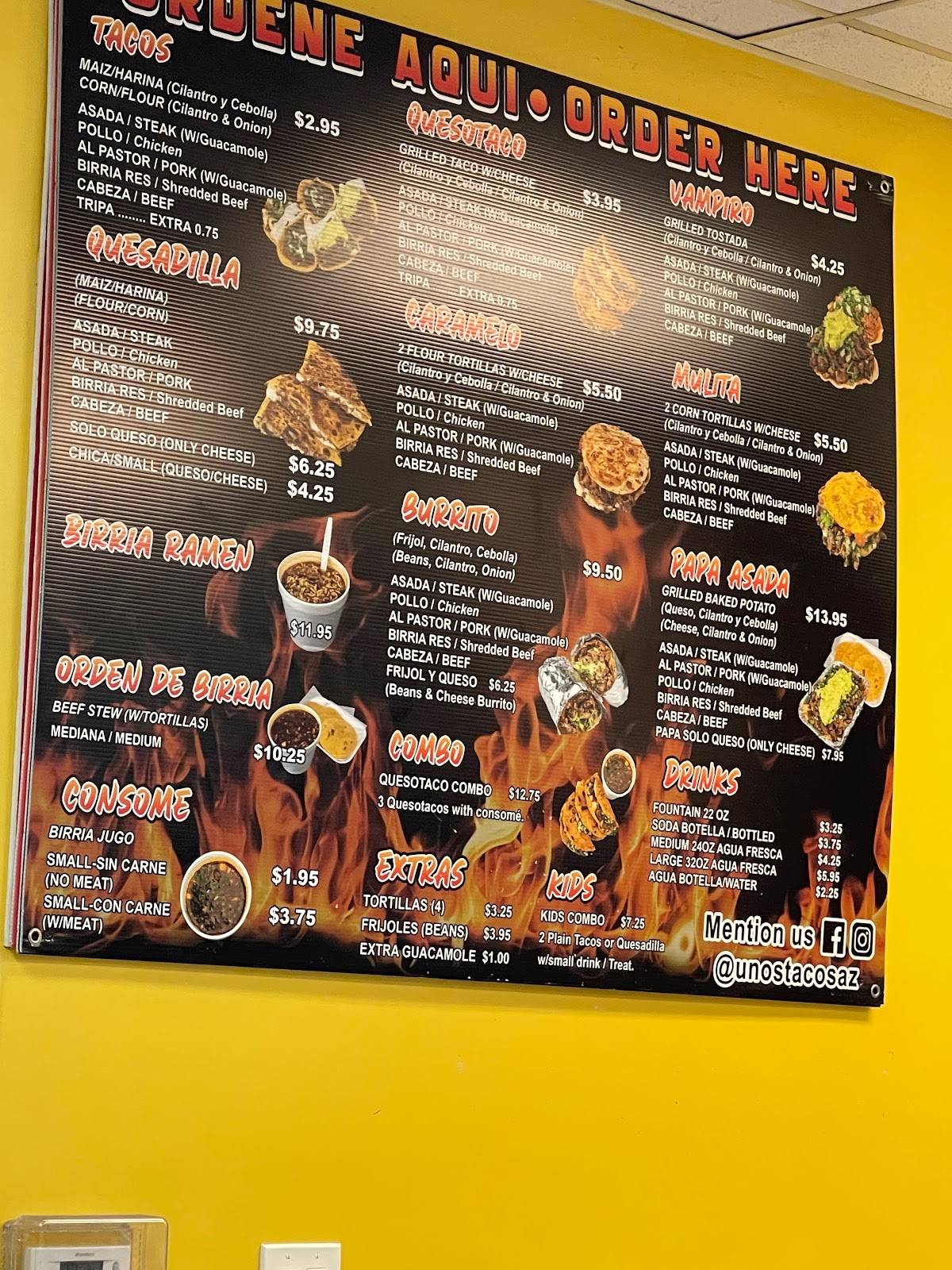 Menu at UNOS TACOS Y BIRRIA restaurant, Phoenix