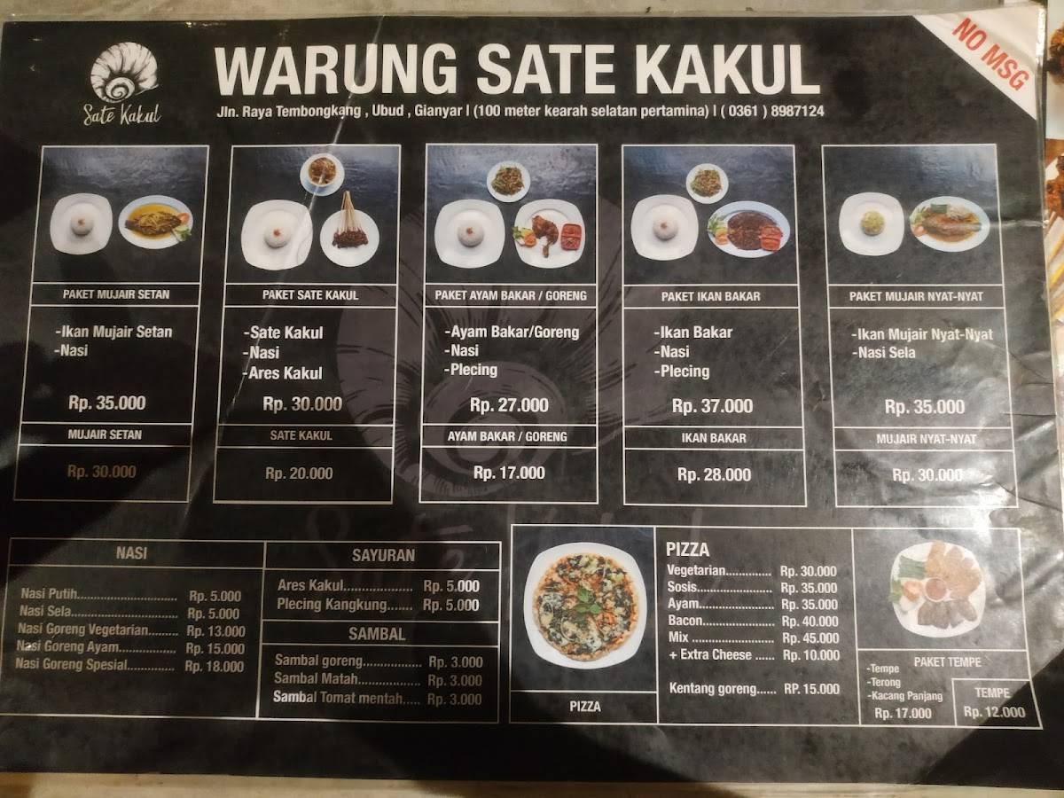 Menu at Warung Sate Kakul restaurant, Peliatan